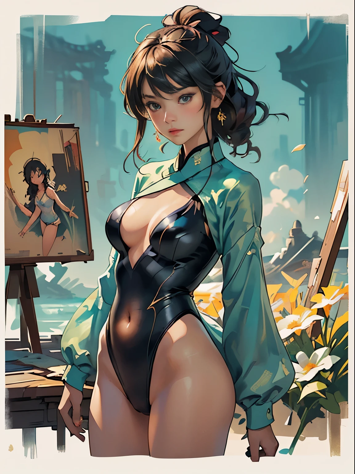 A woman in a black bodysuit standing next to a painting - SeaArt AI
