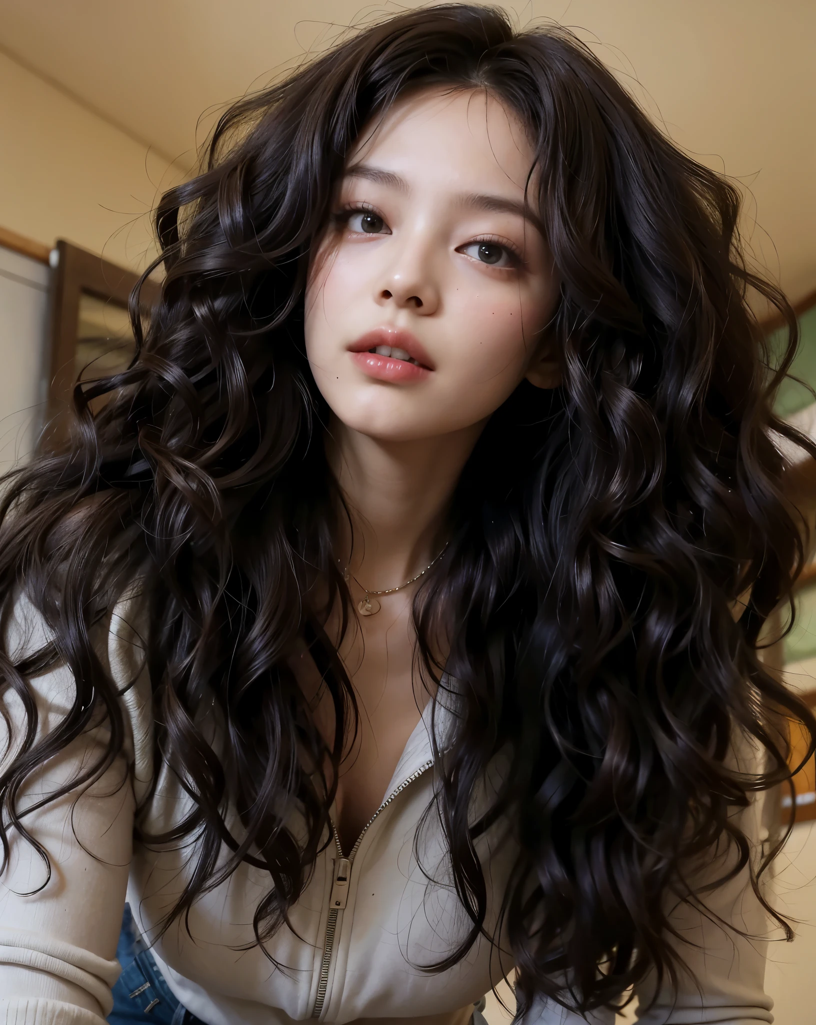 A close up of a woman with long hair sitting on a bed - SeaArt AI
