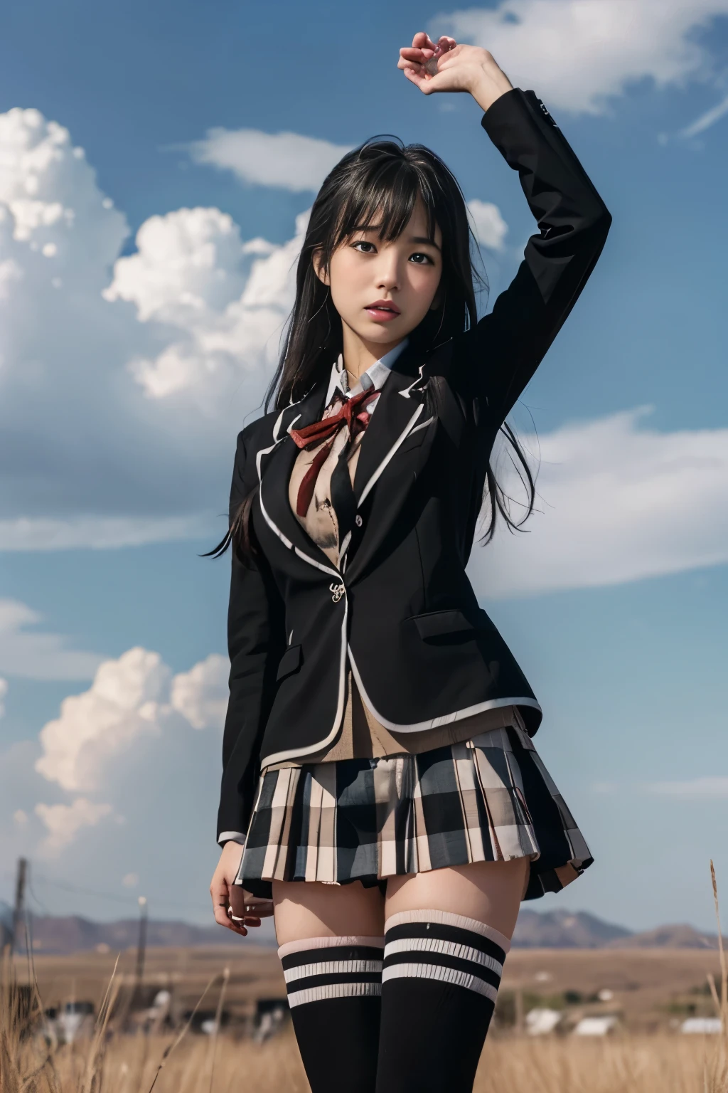 Arafed asian woman in a school uniform posing in a field - SeaArt AI