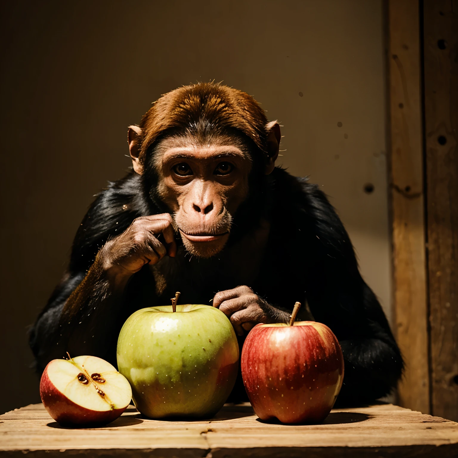 There is a monkey sitting at a table with apples and an apple - SeaArt AI