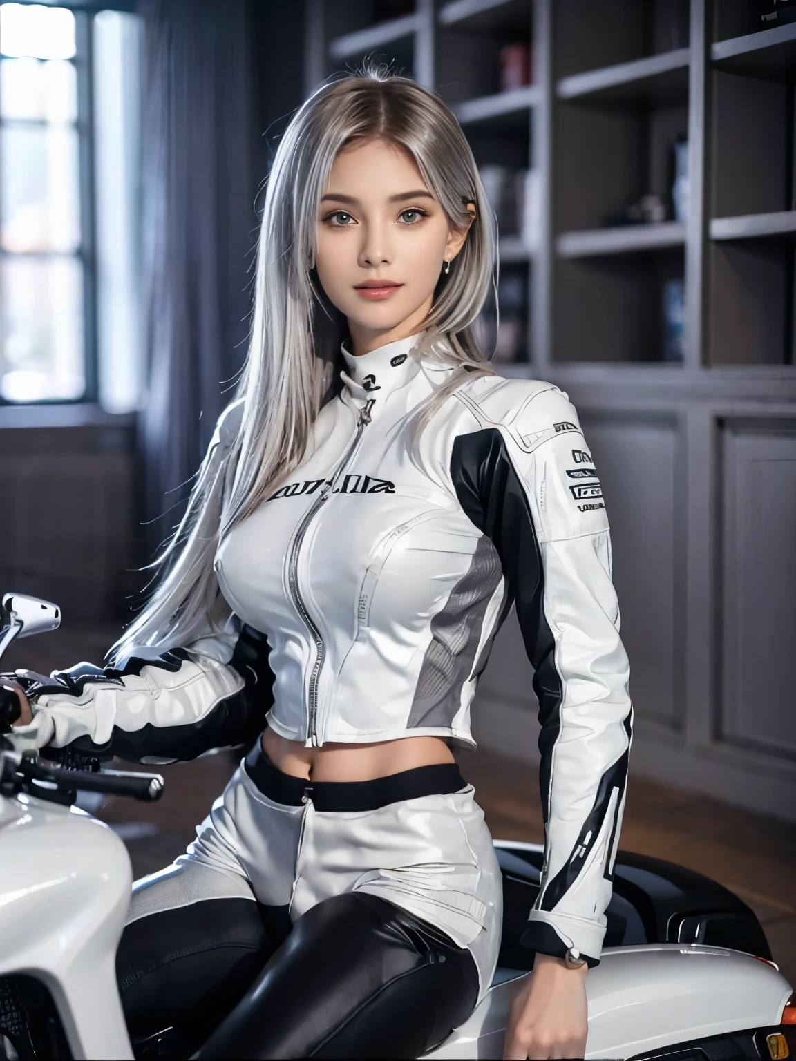 A close up of a woman in a white and black outfit on a motorcycle ...