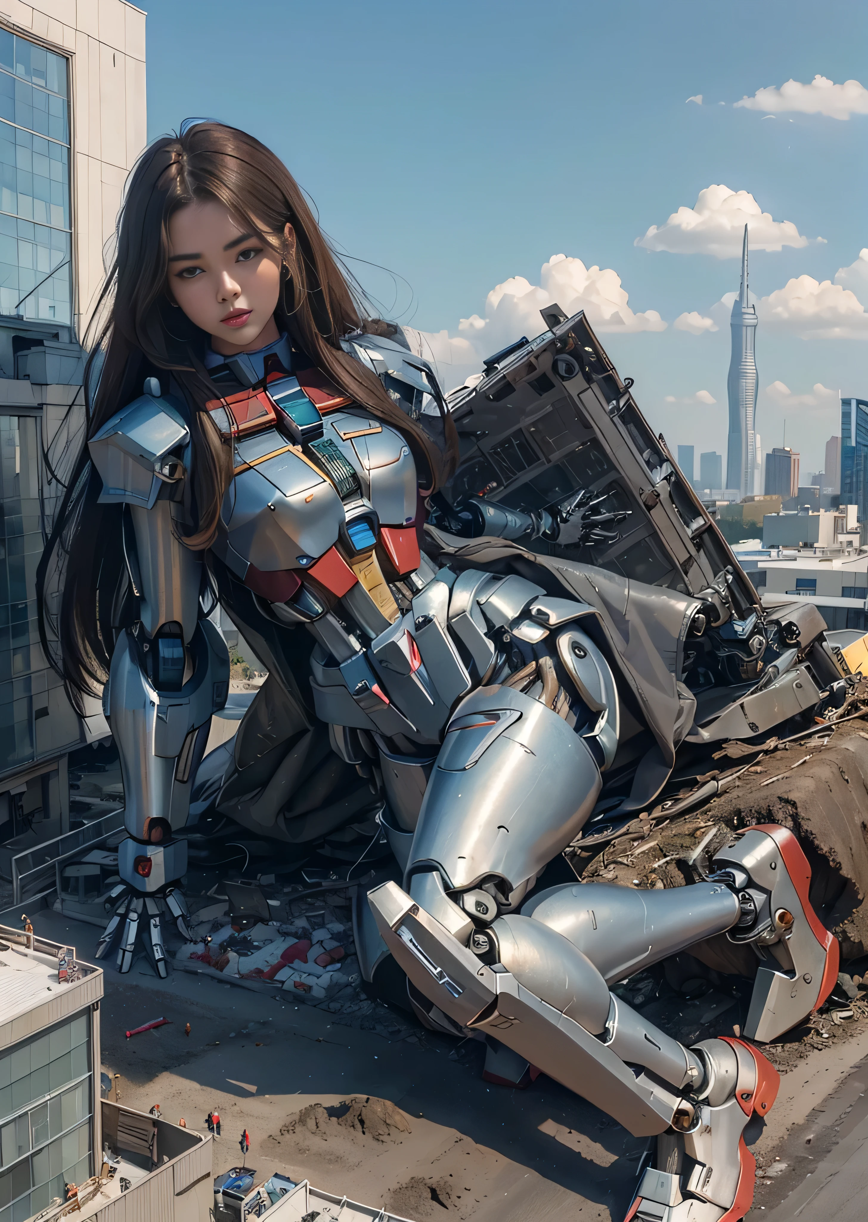 Arafed woman in a futuristic suit sitting on a pile of rubble - SeaArt AI