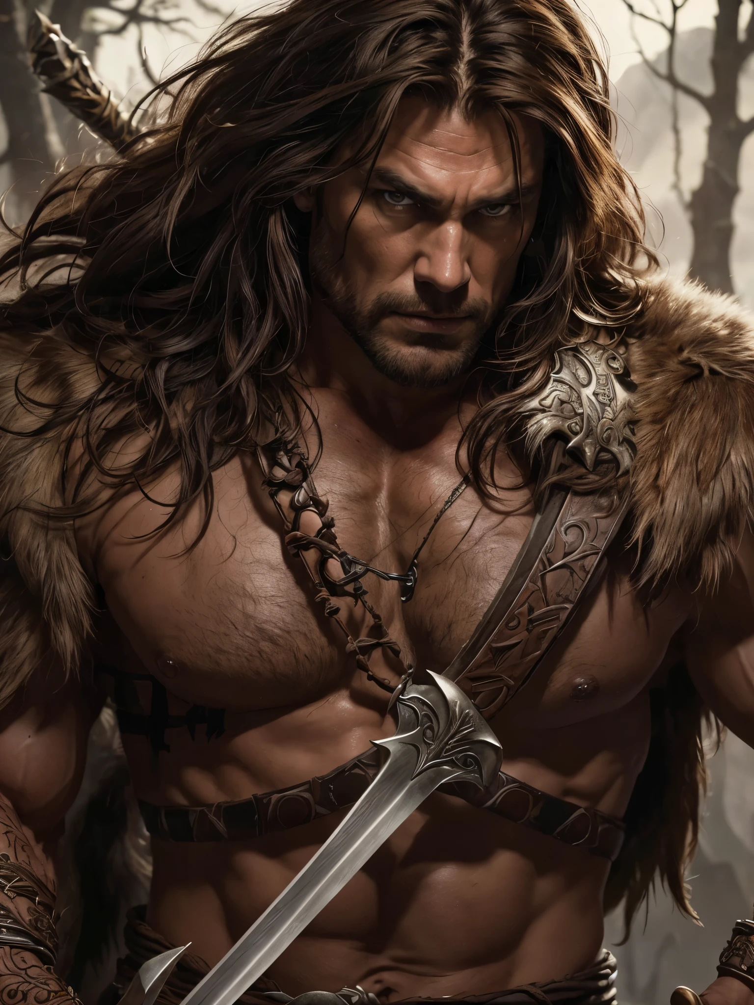 A man with long hair and a sword in a forest - SeaArt AI