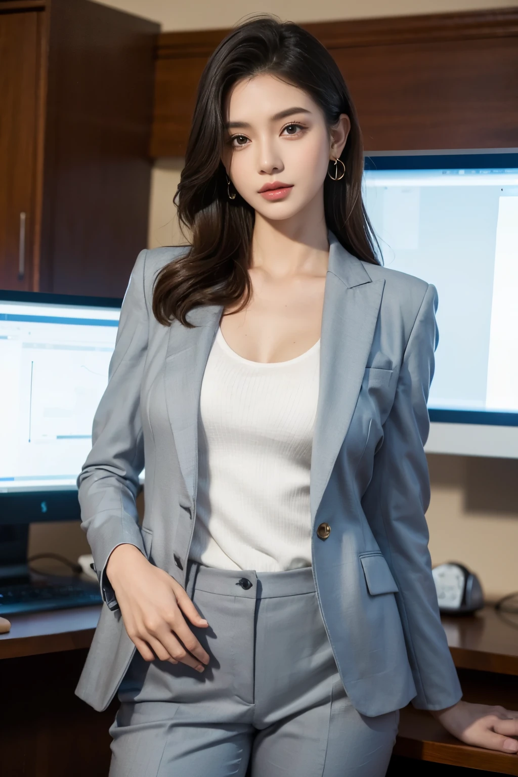 A woman in a suit standing in front of a computer - SeaArt AI