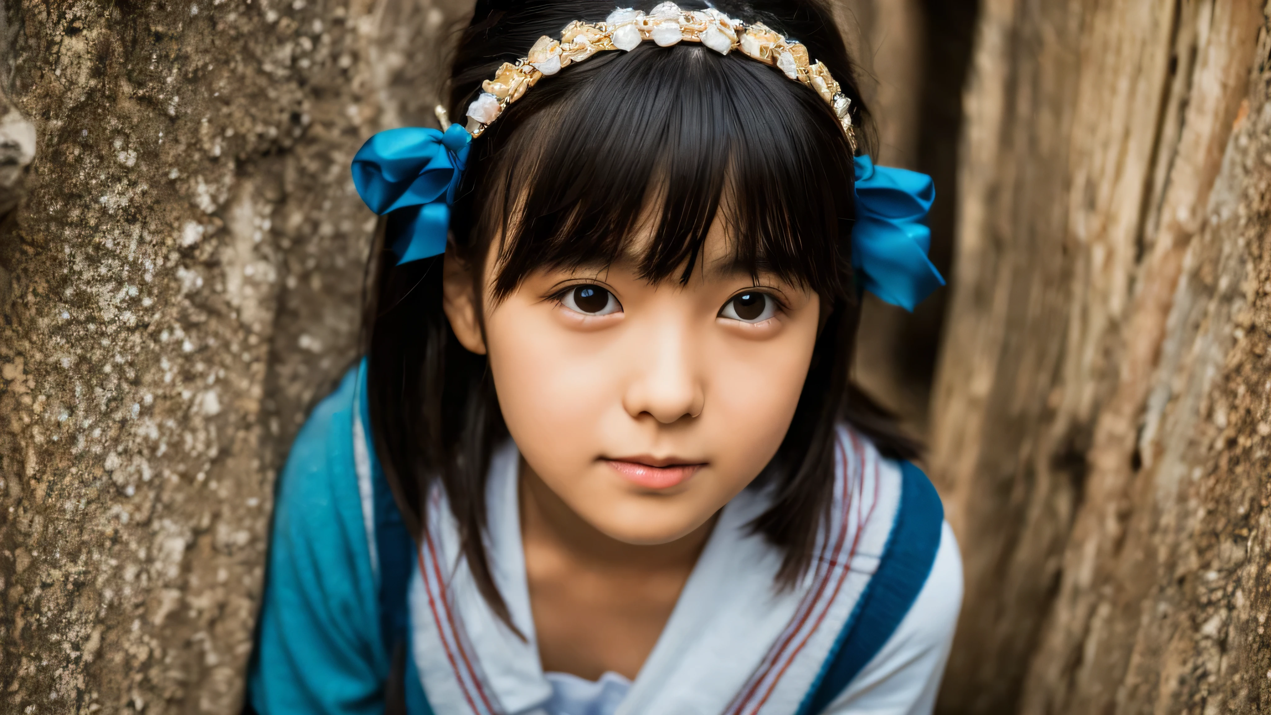 Arafed asian girl in a blue dress and a blue headband - SeaArt AI