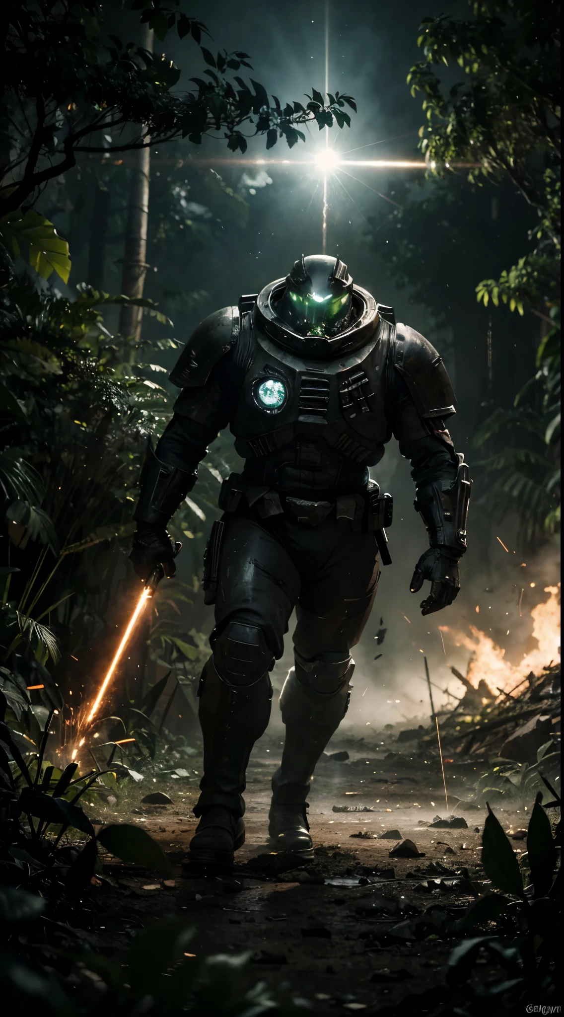 A man in a space suit with a light saber walking through the woods ...