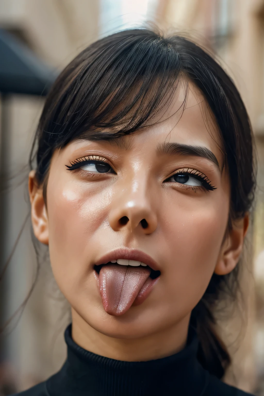 A close up of a woman sticking her tongue out to the camera - SeaArt AI
