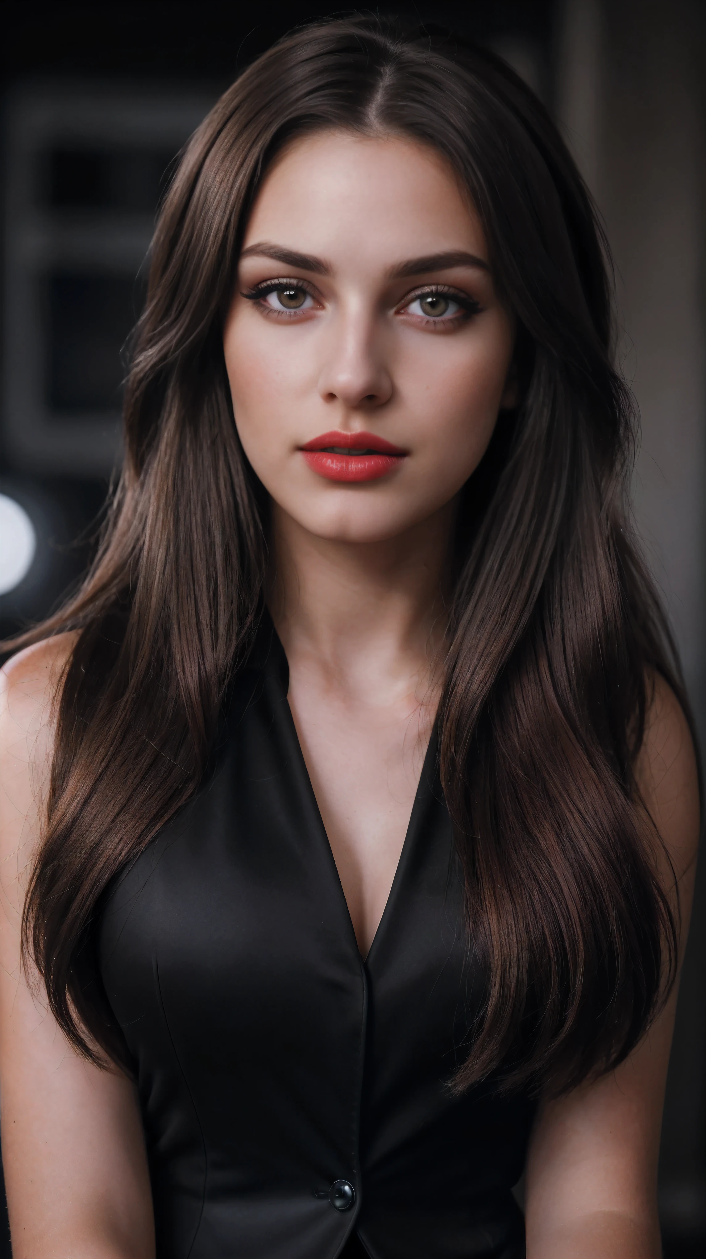 A woman with long brown hair and red lipstick posing for a picture ...