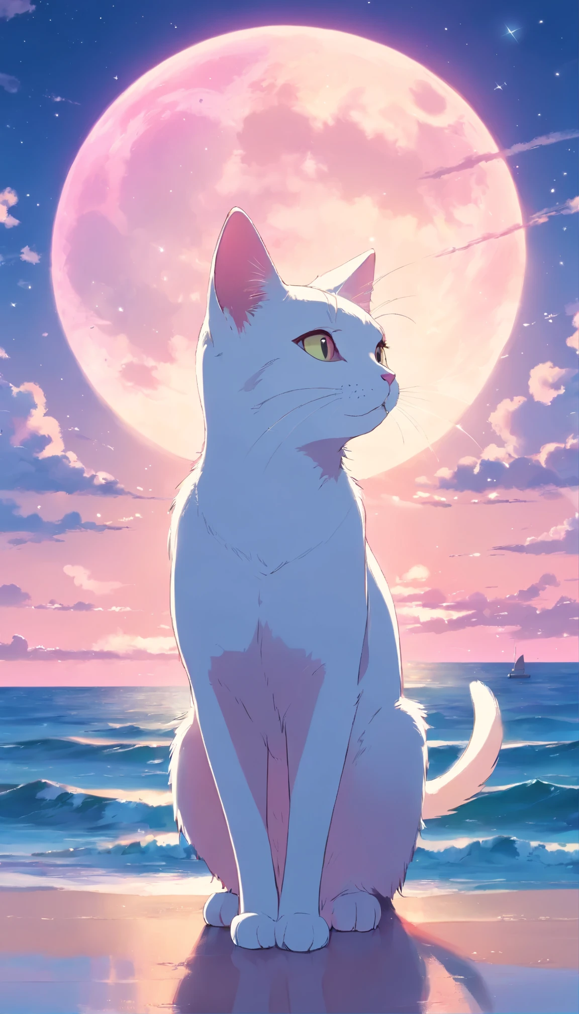 Anime cat sitting on the beach looking at the moon - SeaArt AI