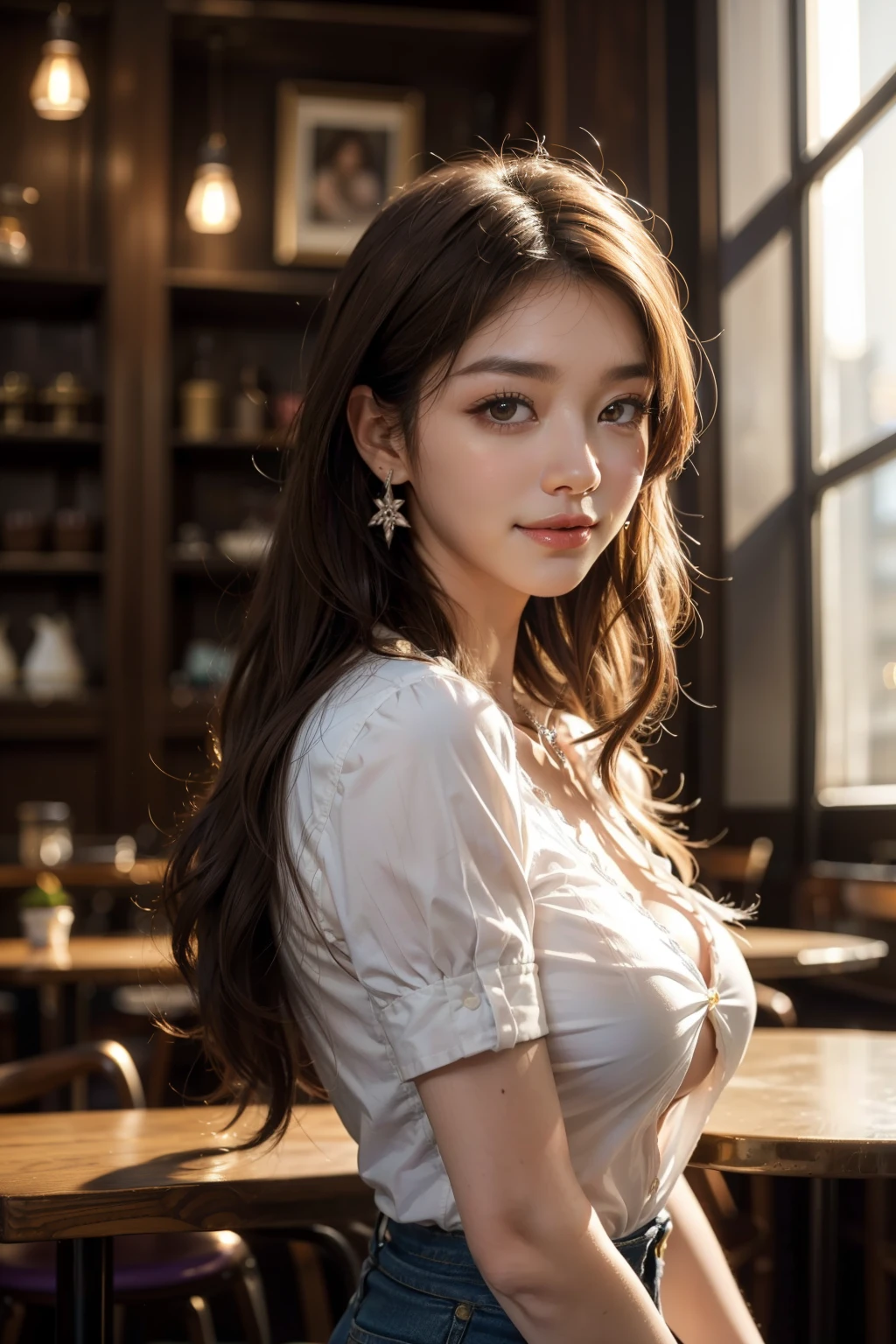 A Woman In A White Shirt And Jeans Posing For A Picture Seaart Ai