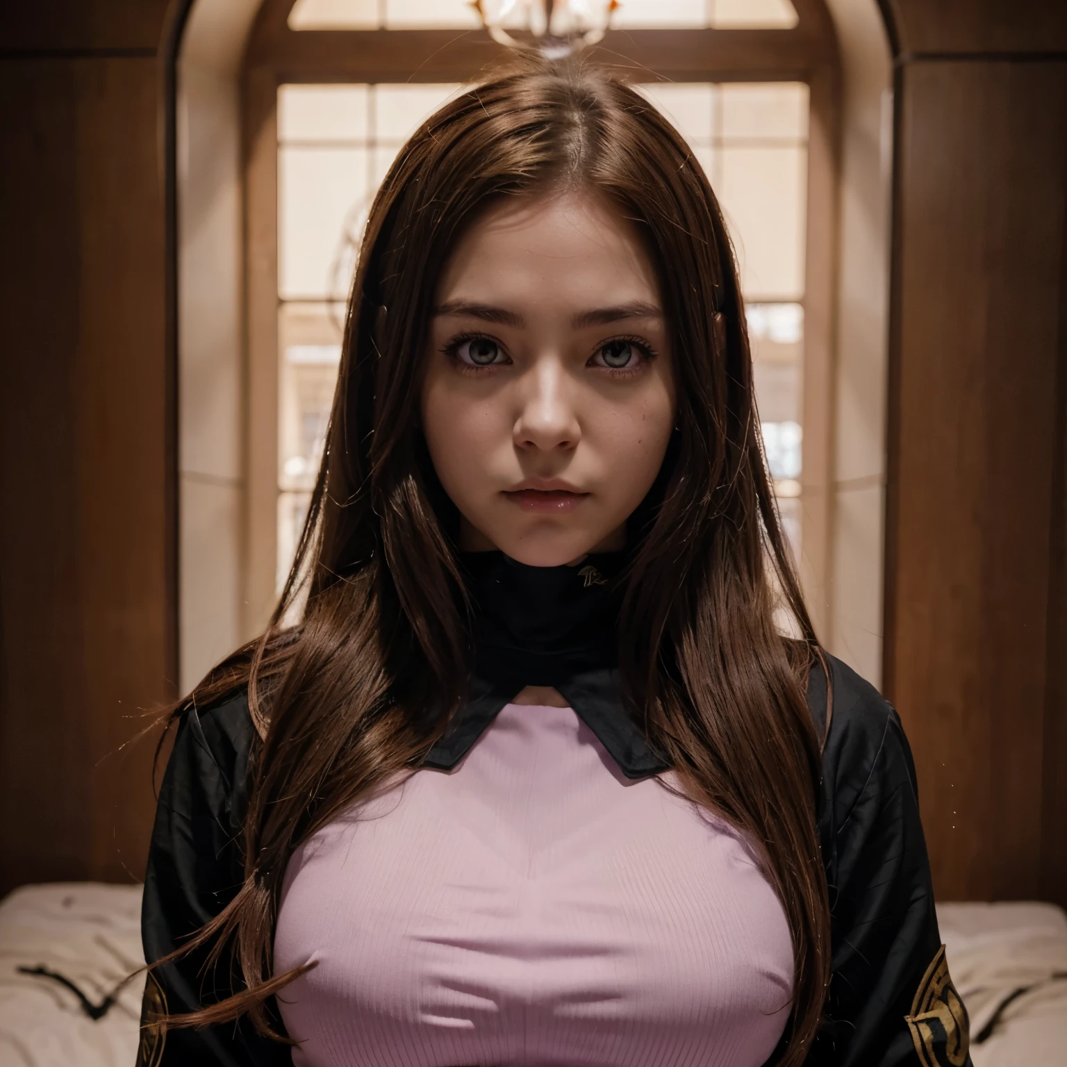 A close up of a woman in a pink shirt and black jacket - SeaArt AI