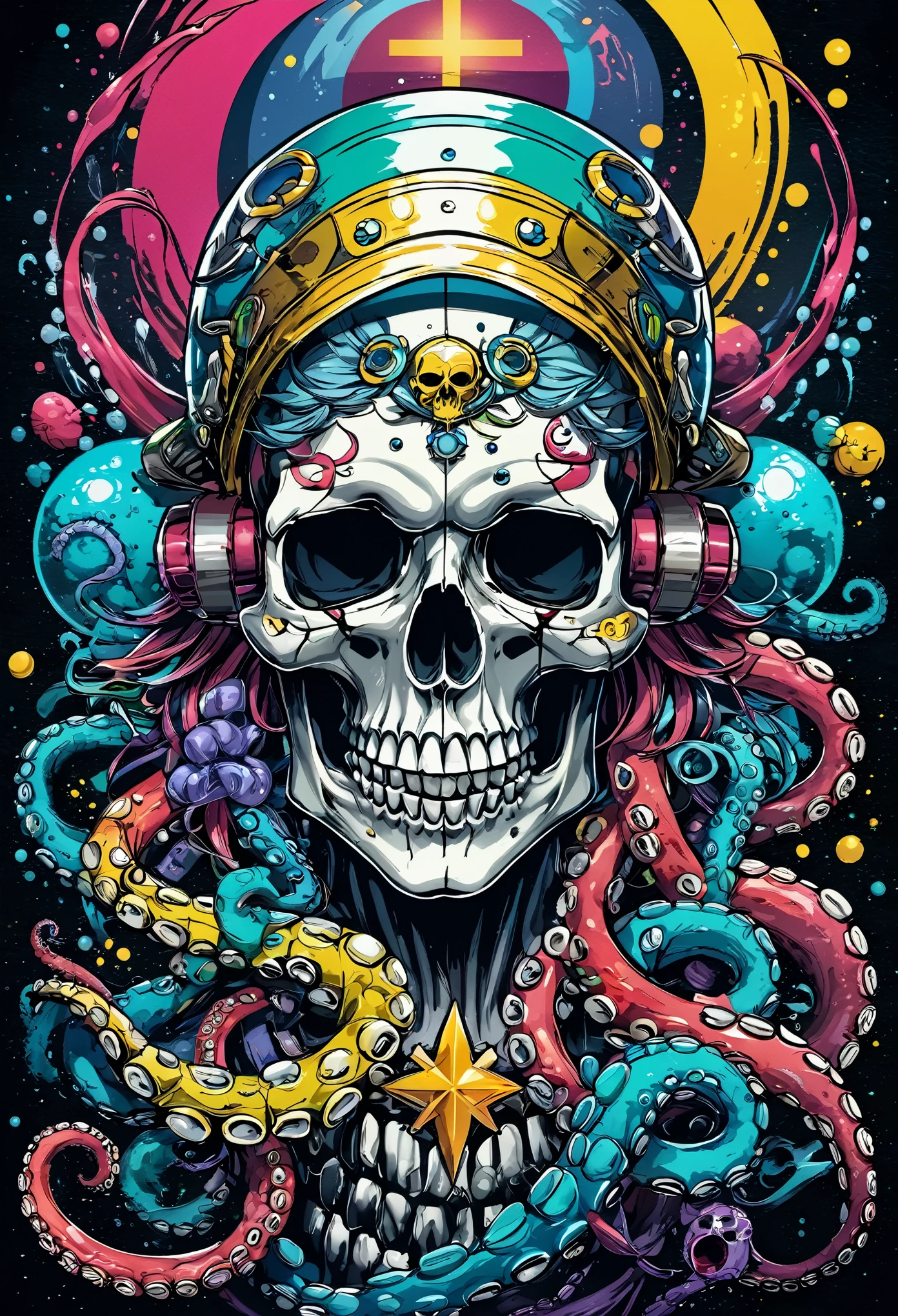 A skull with headphones and tentacles in the background - SeaArt AI