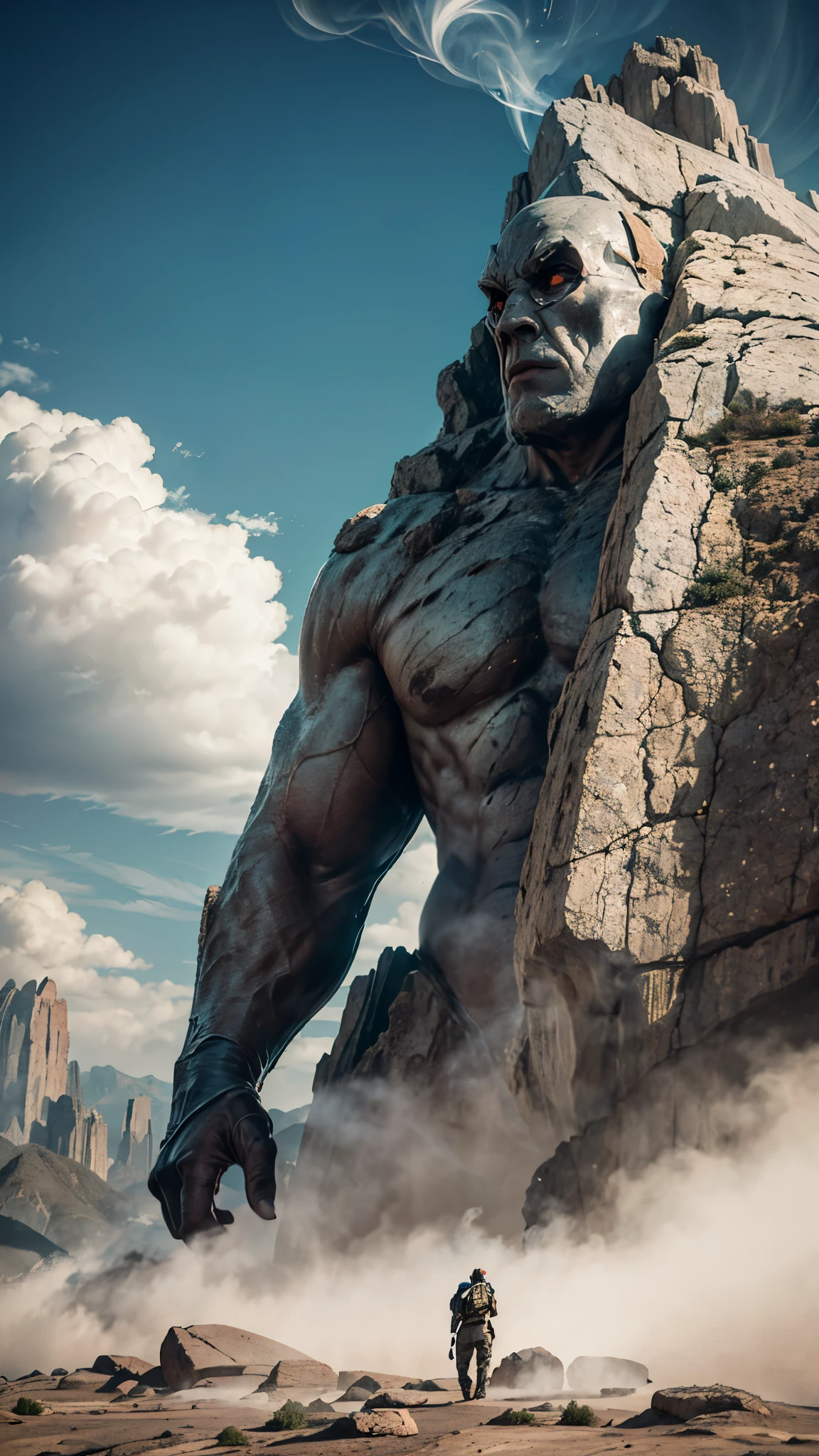 A man standing in front of a giant monster in a desert - SeaArt AI