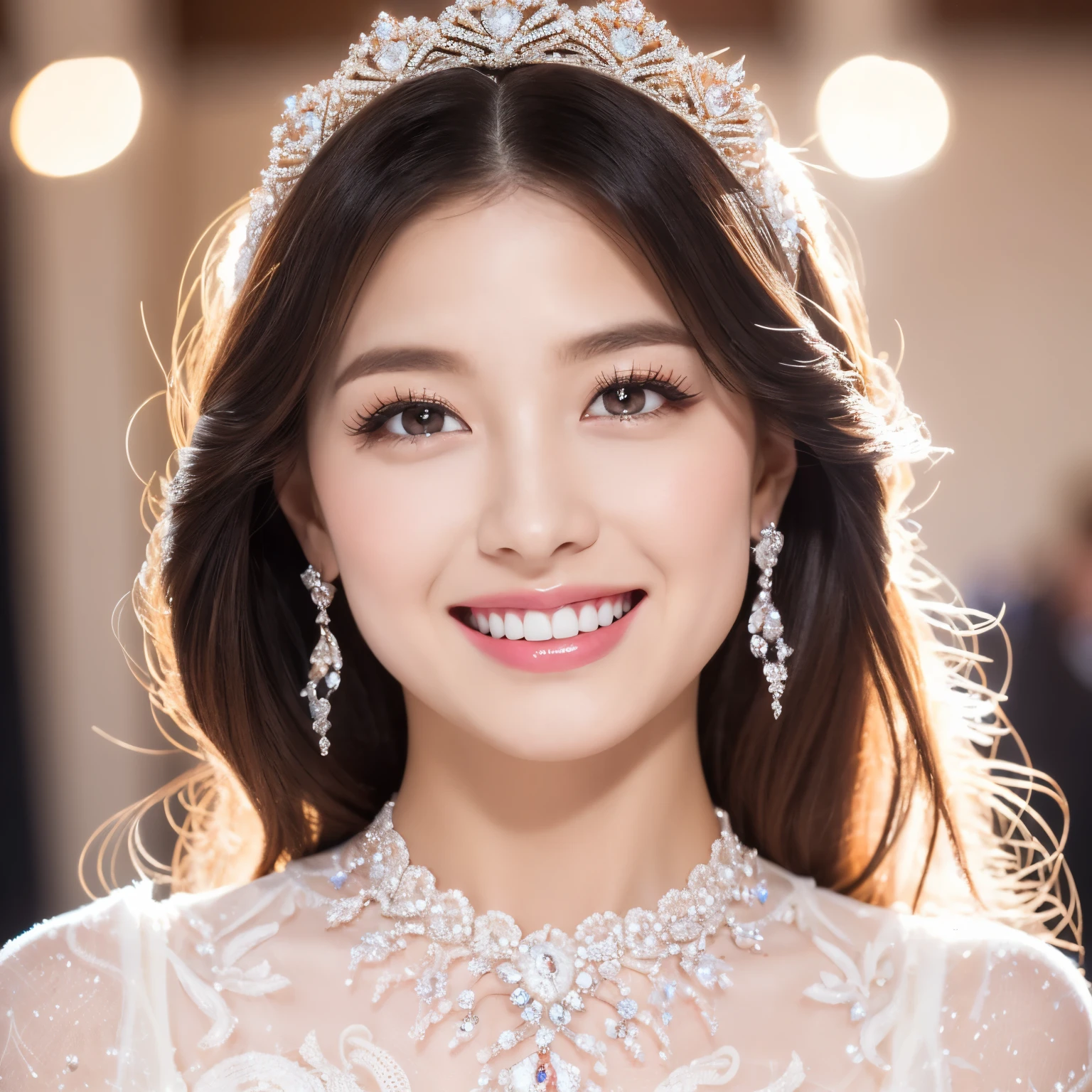 A close up of a woman wearing a tiable and a necklace - SeaArt AI