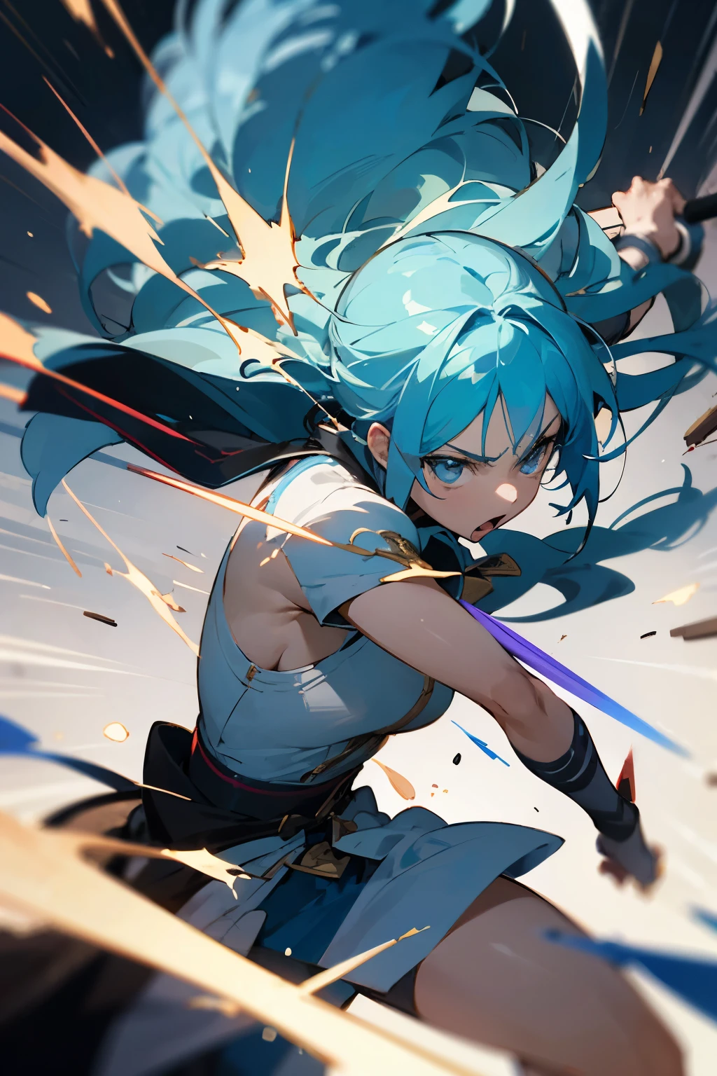 Anime girl with blue hair and blue eyes holding a sword - SeaArt AI