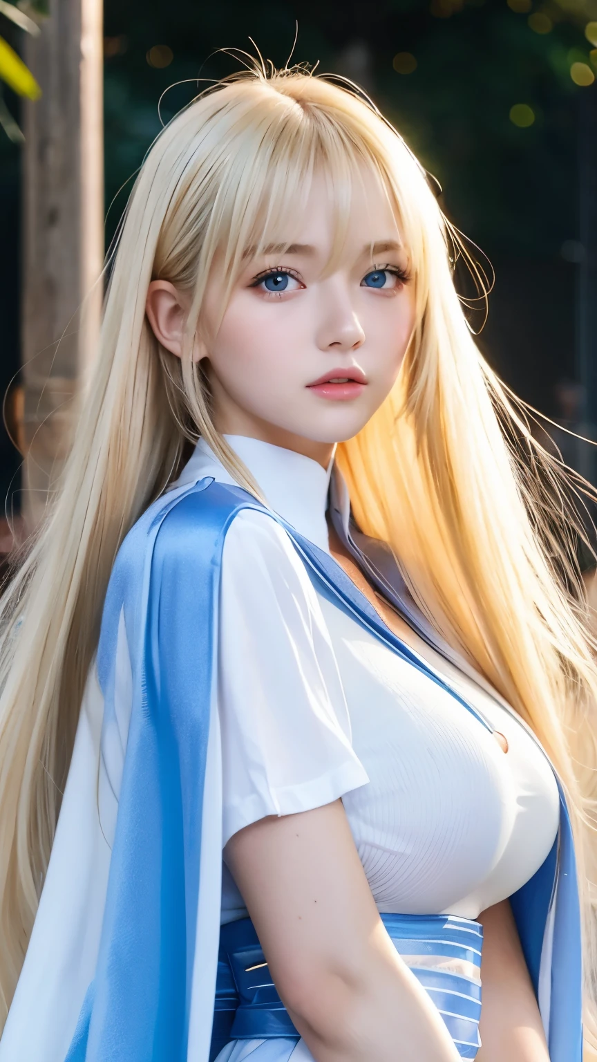 A close up of a woman with long blonde hair wearing a blue cape - SeaArt AI