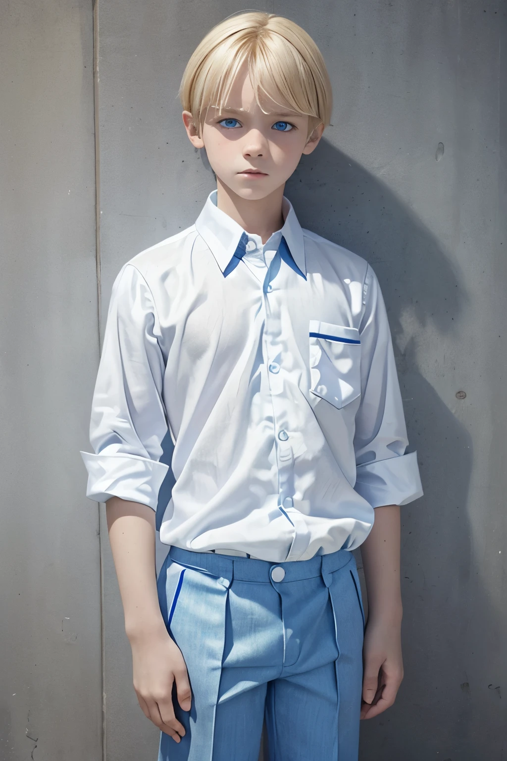 Boy in blue pants and white shirt standing against a wall - SeaArt AI