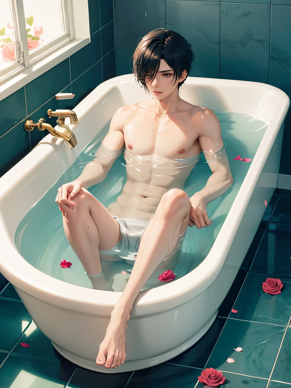 There is a man sitting in a bathtub with flowers in it - SeaArt AI