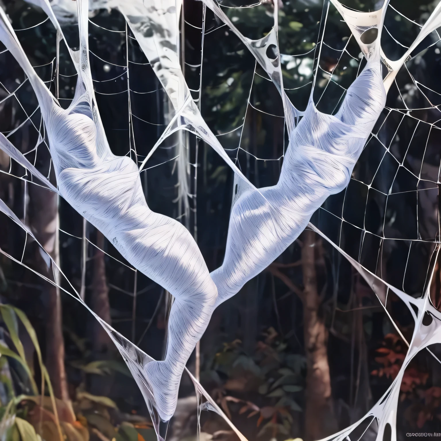 There is a spider web hanging from a tree in the woods - SeaArt AI