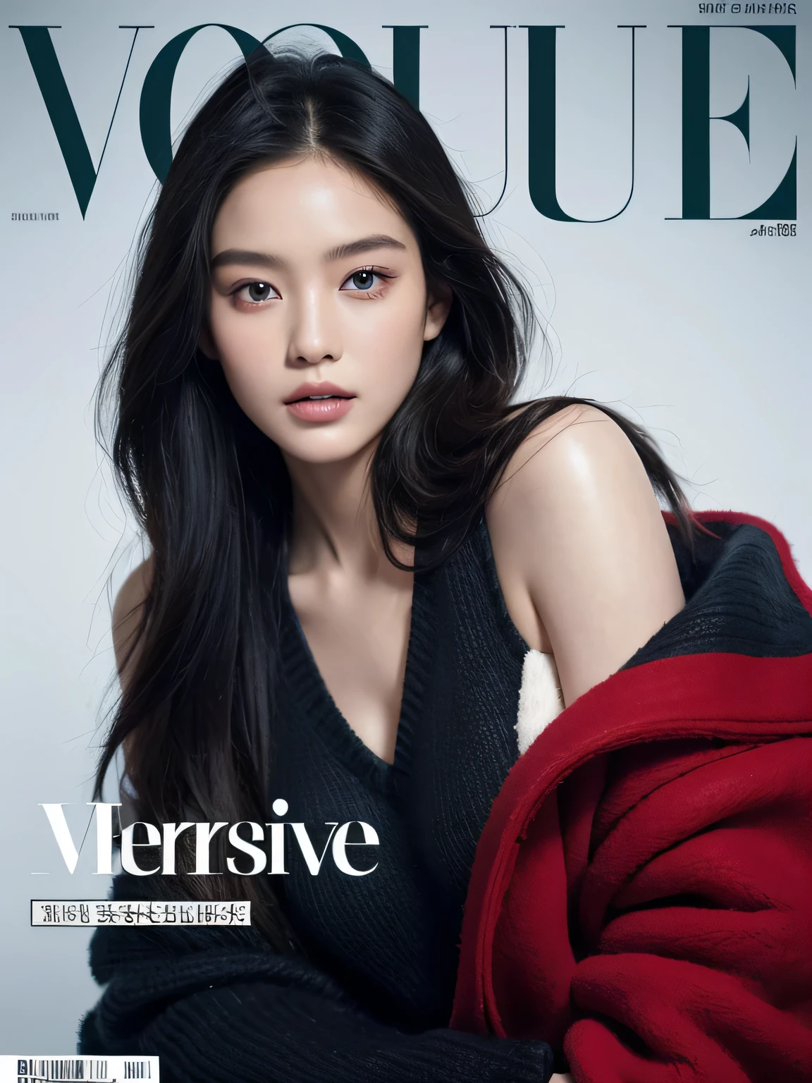 A woman in a black top and red jacket on a magazine cover - SeaArt AI