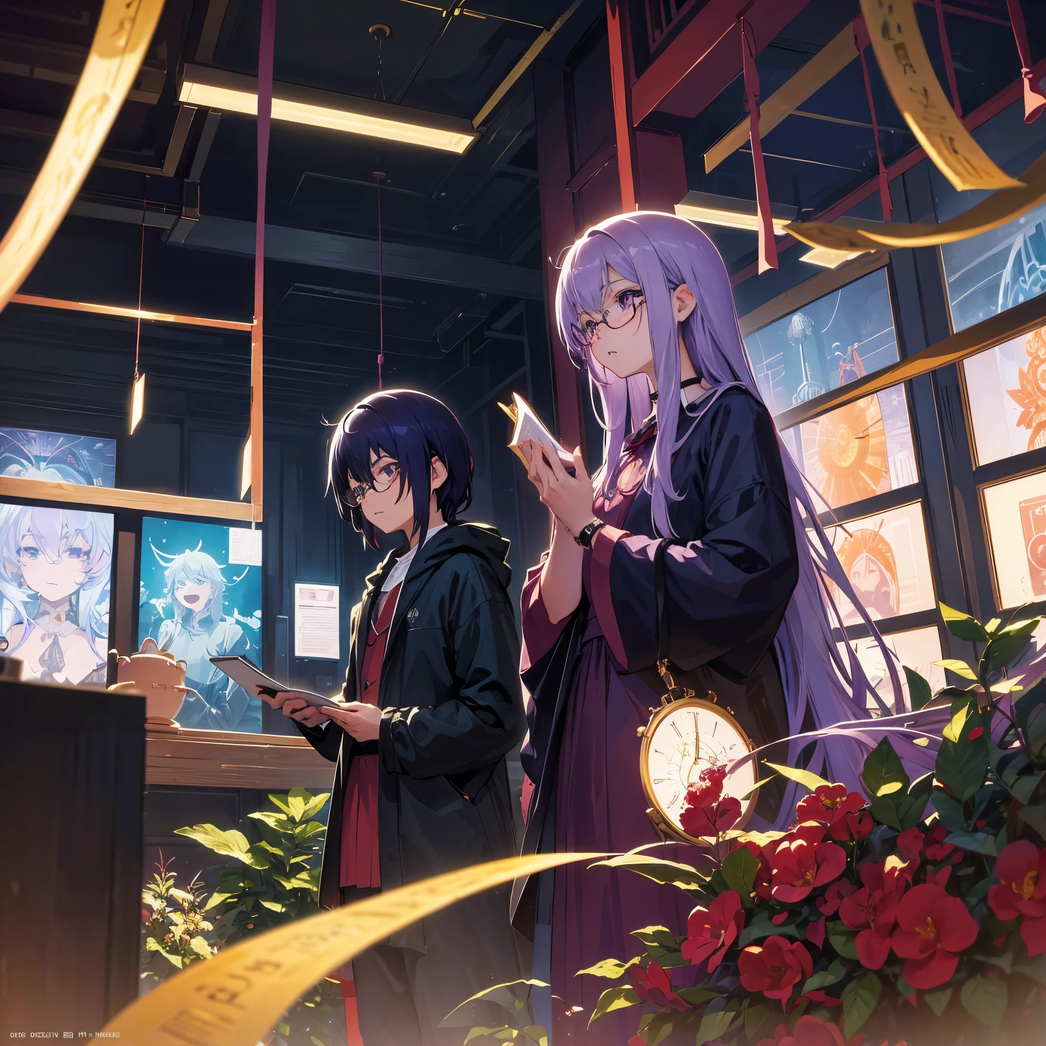 Anime characters standing in a room with a clock and flowers - SeaArt AI