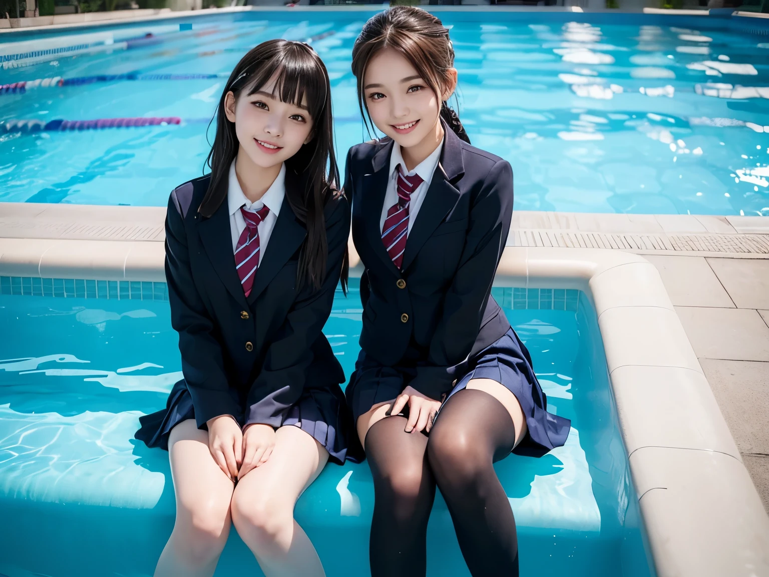 Two young women in school uniforms sitting on a ledge next to a pool ...