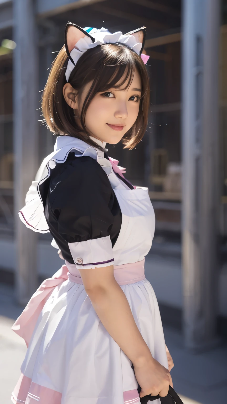 A close up of a woman in a maid outfit posing for a picture - SeaArt AI