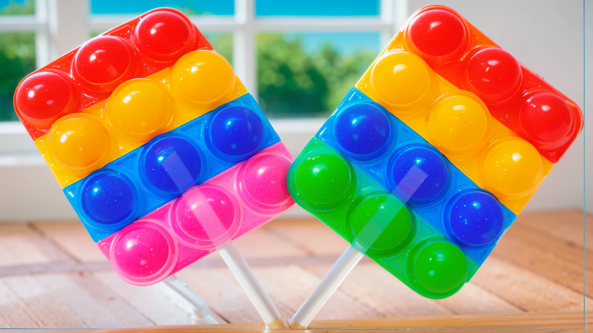 There are two pops that are shaped like legos on sticks - SeaArt AI