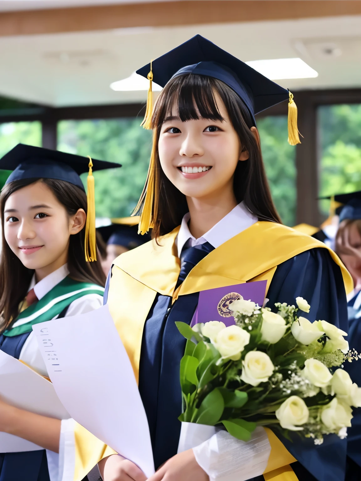 There are two women in graduation gowns and holding flowers - SeaArt AI