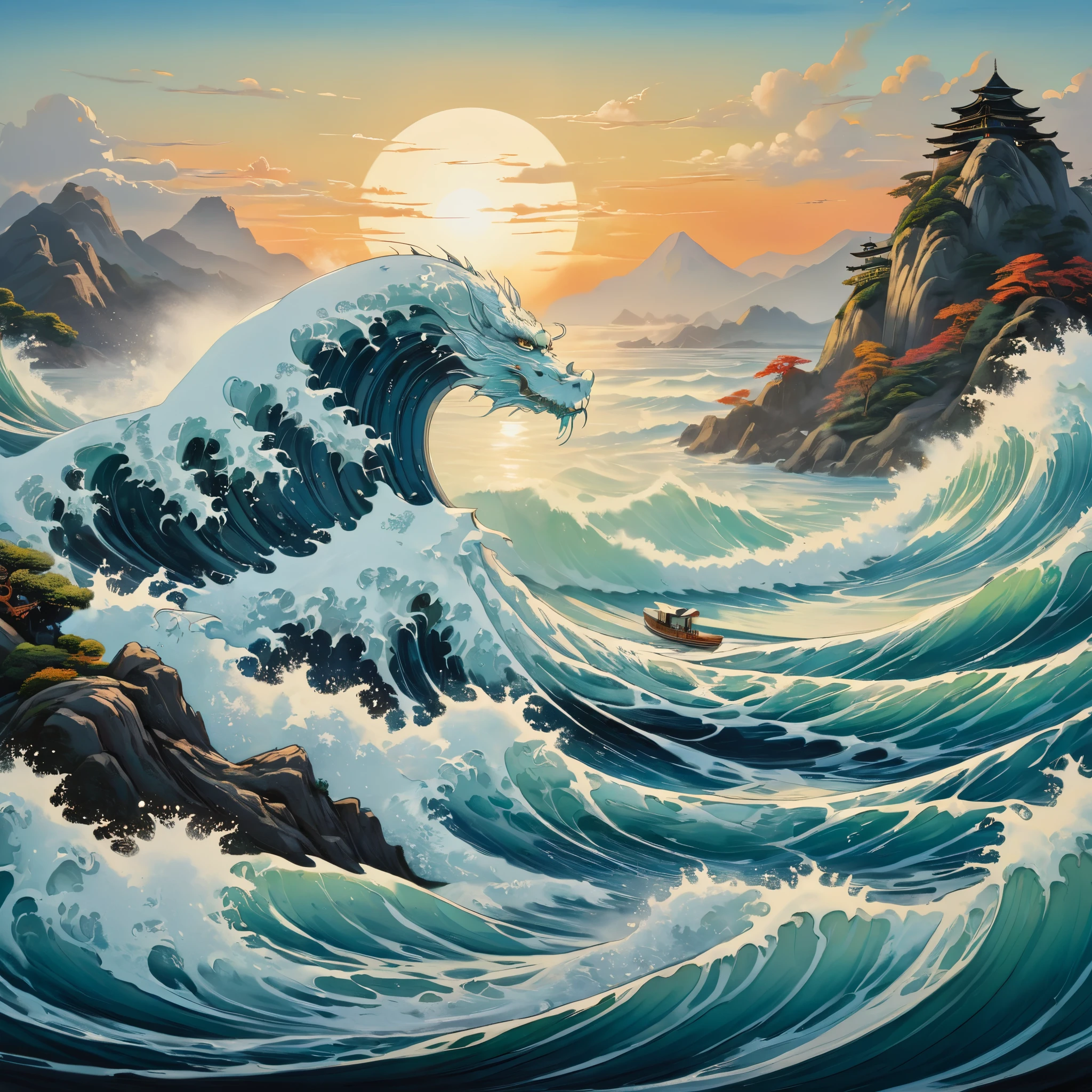 Painting of a wave crashing on a rocky shore with a boat in the ocean ...