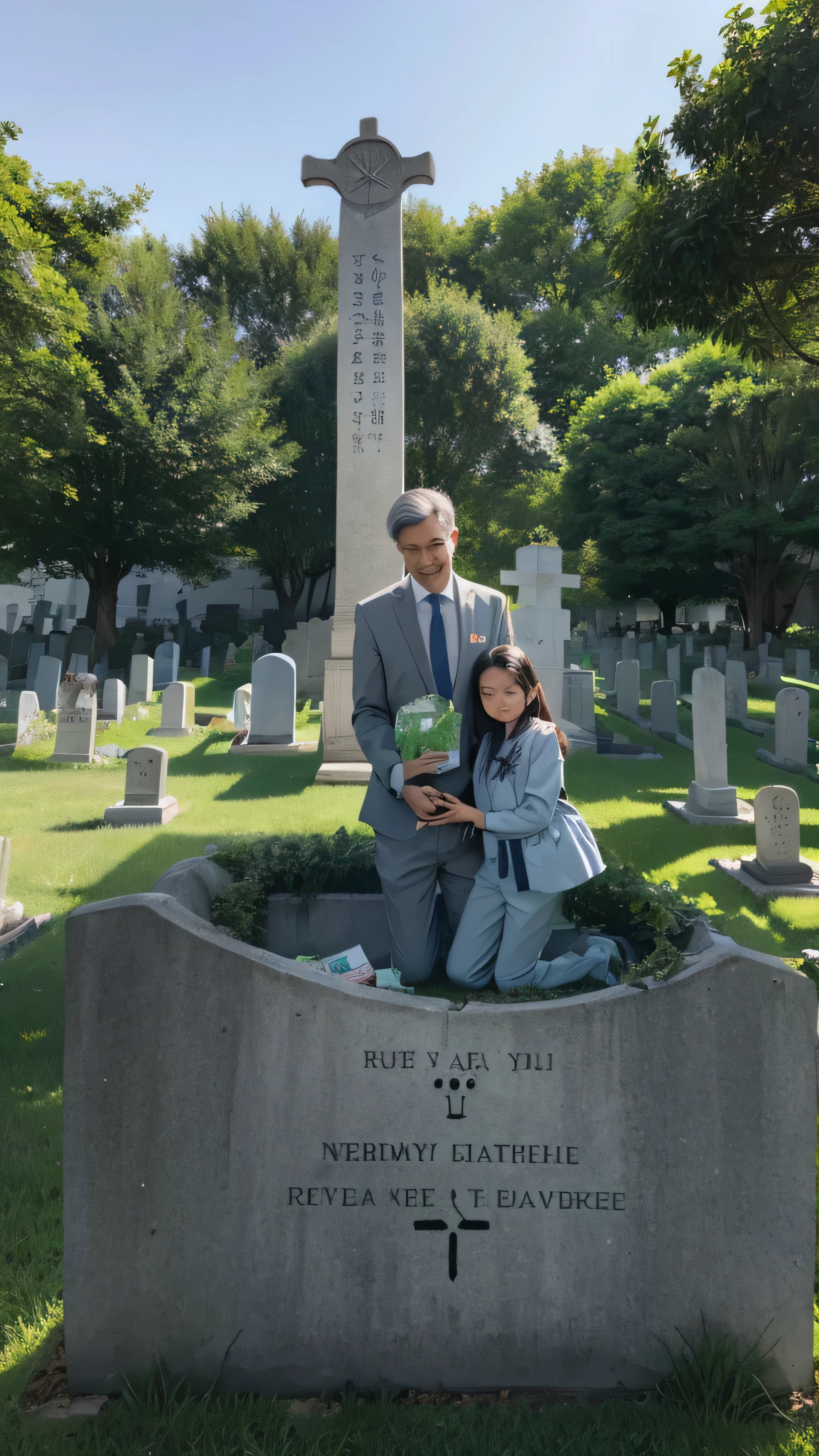 Arafed couple posing in front of a grave with a cross - SeaArt AI