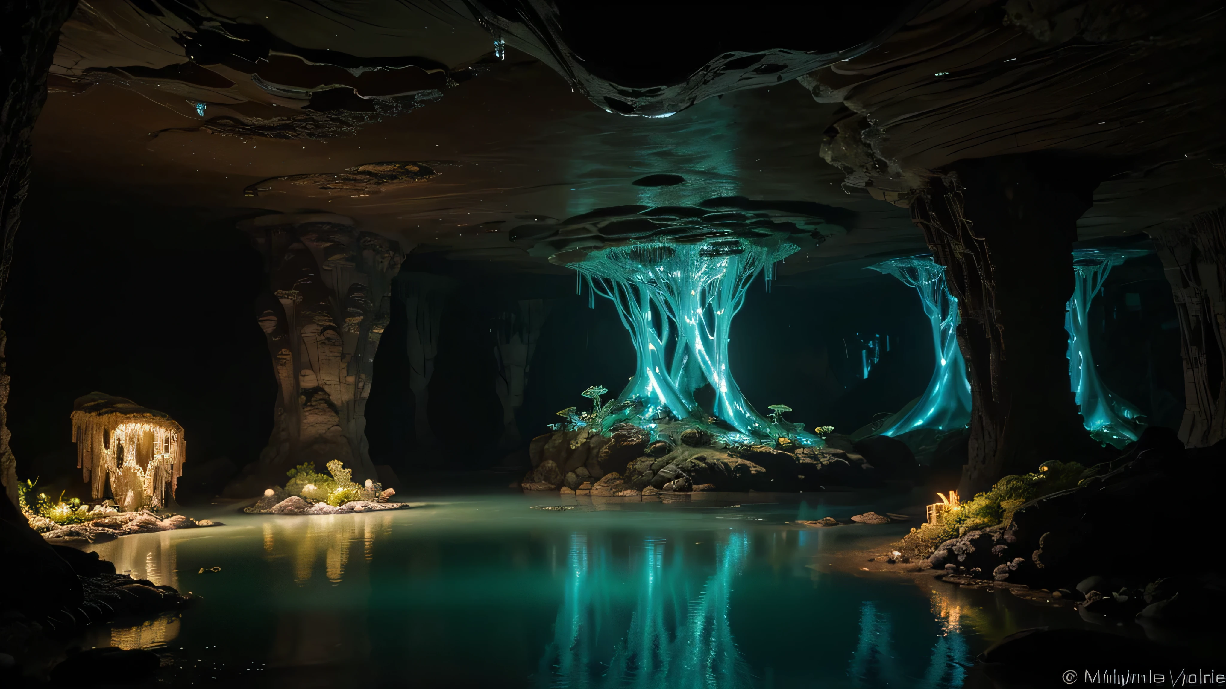 A close up of a cave with a body of water and trees - SeaArt AI