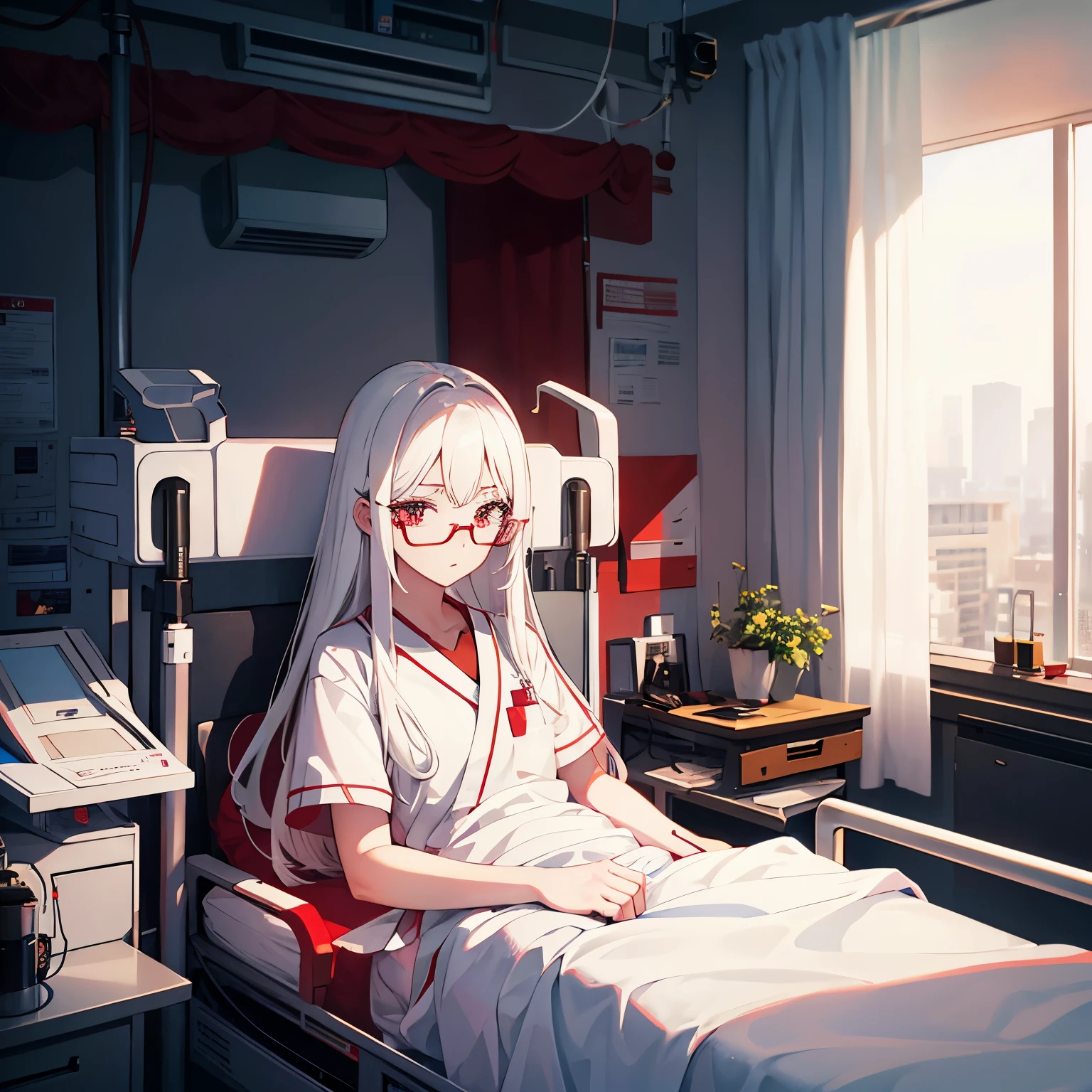 Anime nurse sitting in hospital bed with a view of city - SeaArt AI
