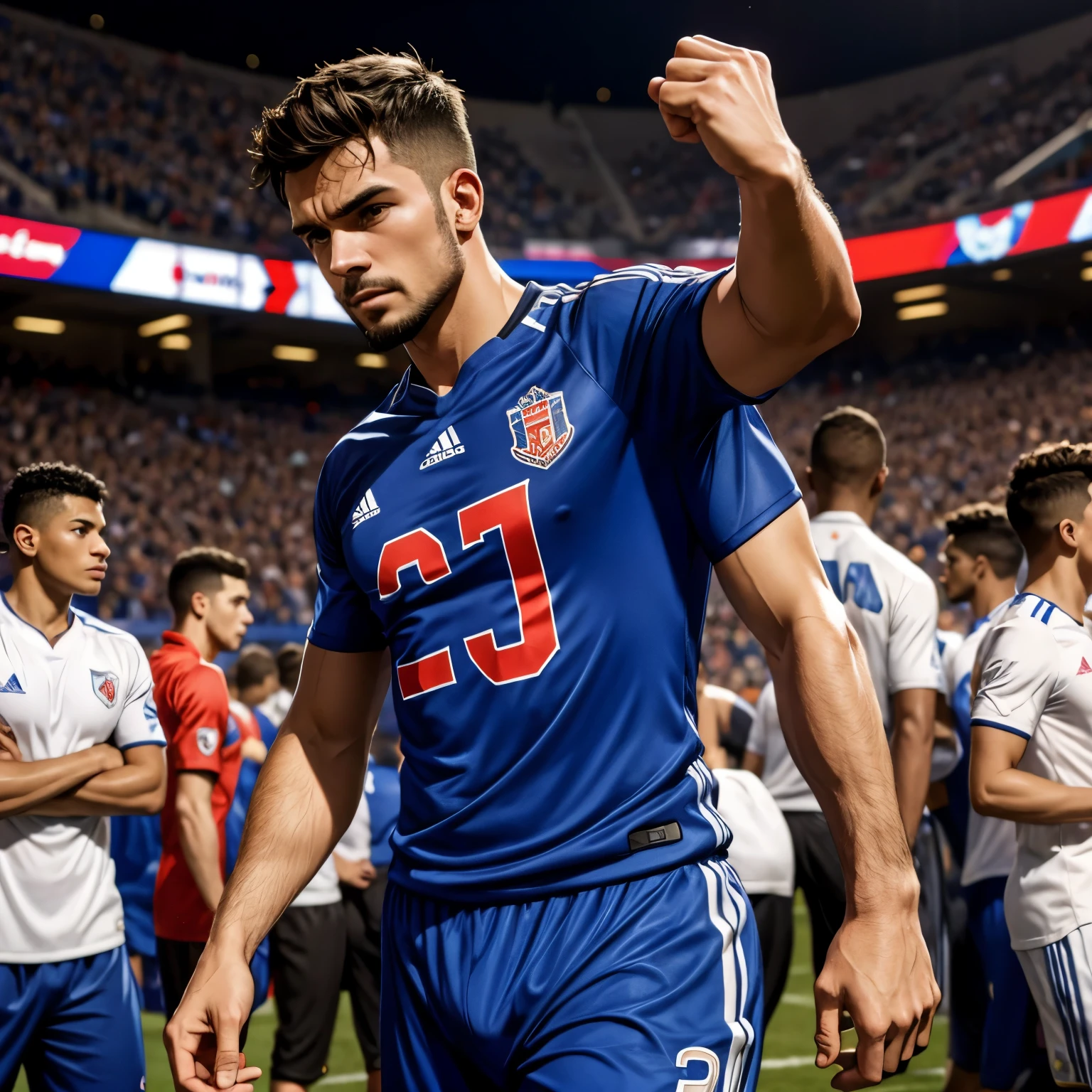 Arafed soccer player in blue uniform walking on field with other ...