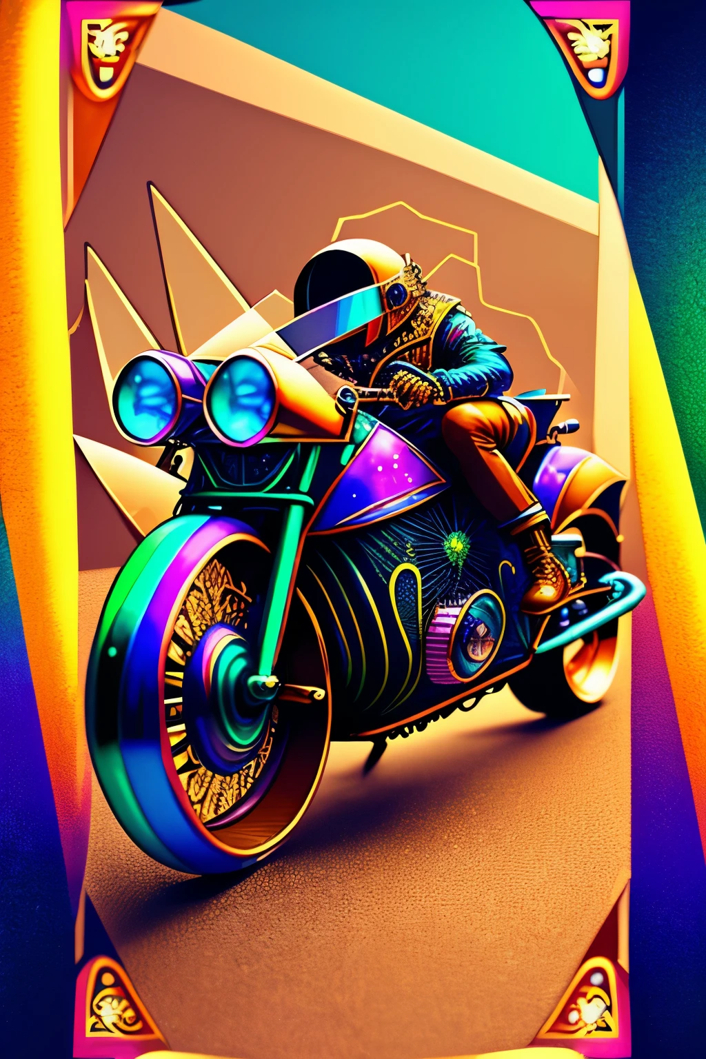 Brightly colored motorcycle with a man on the back riding it - SeaArt AI