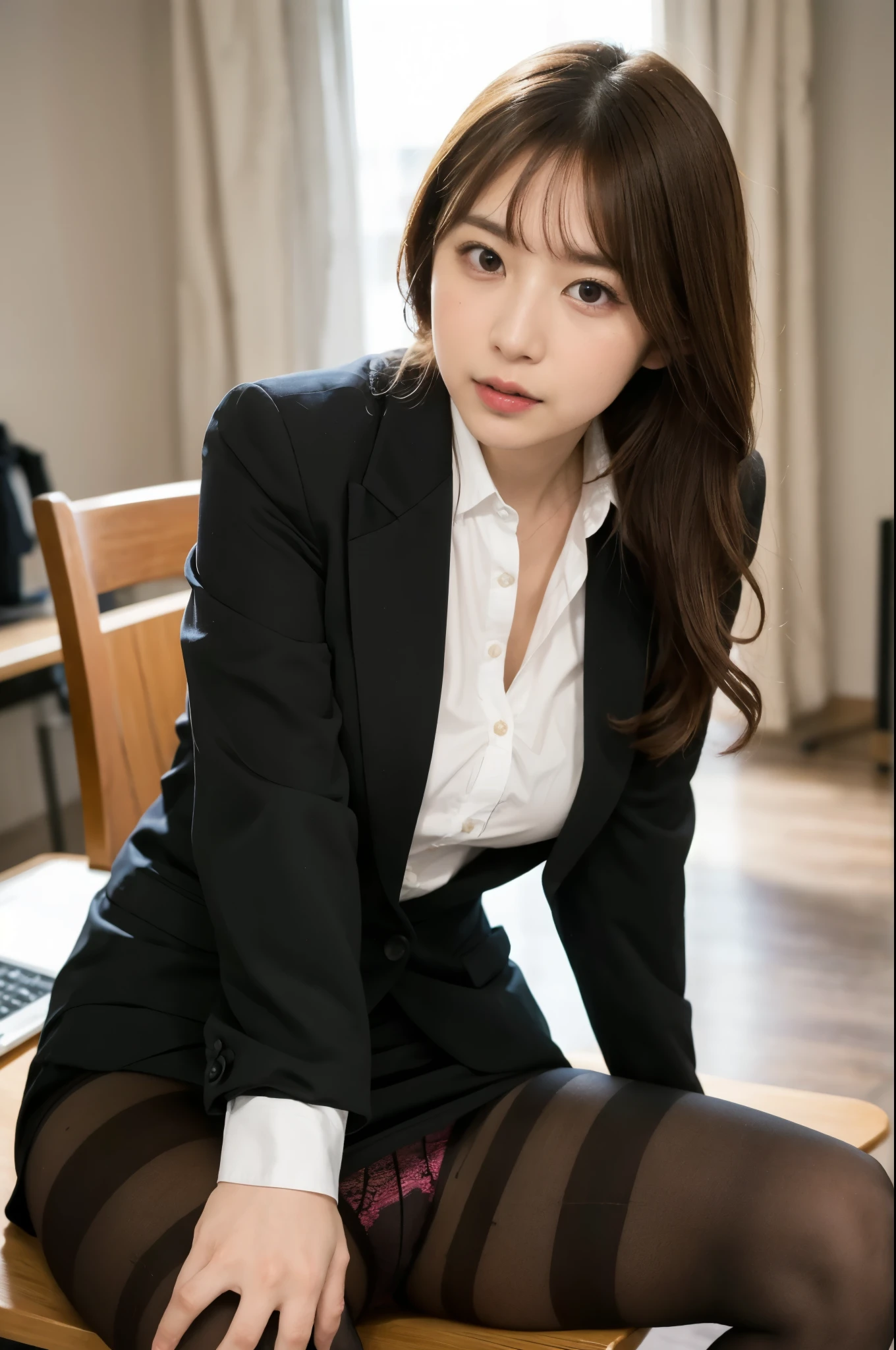 A close up of a woman in a suit sitting on a chair - SeaArt AI