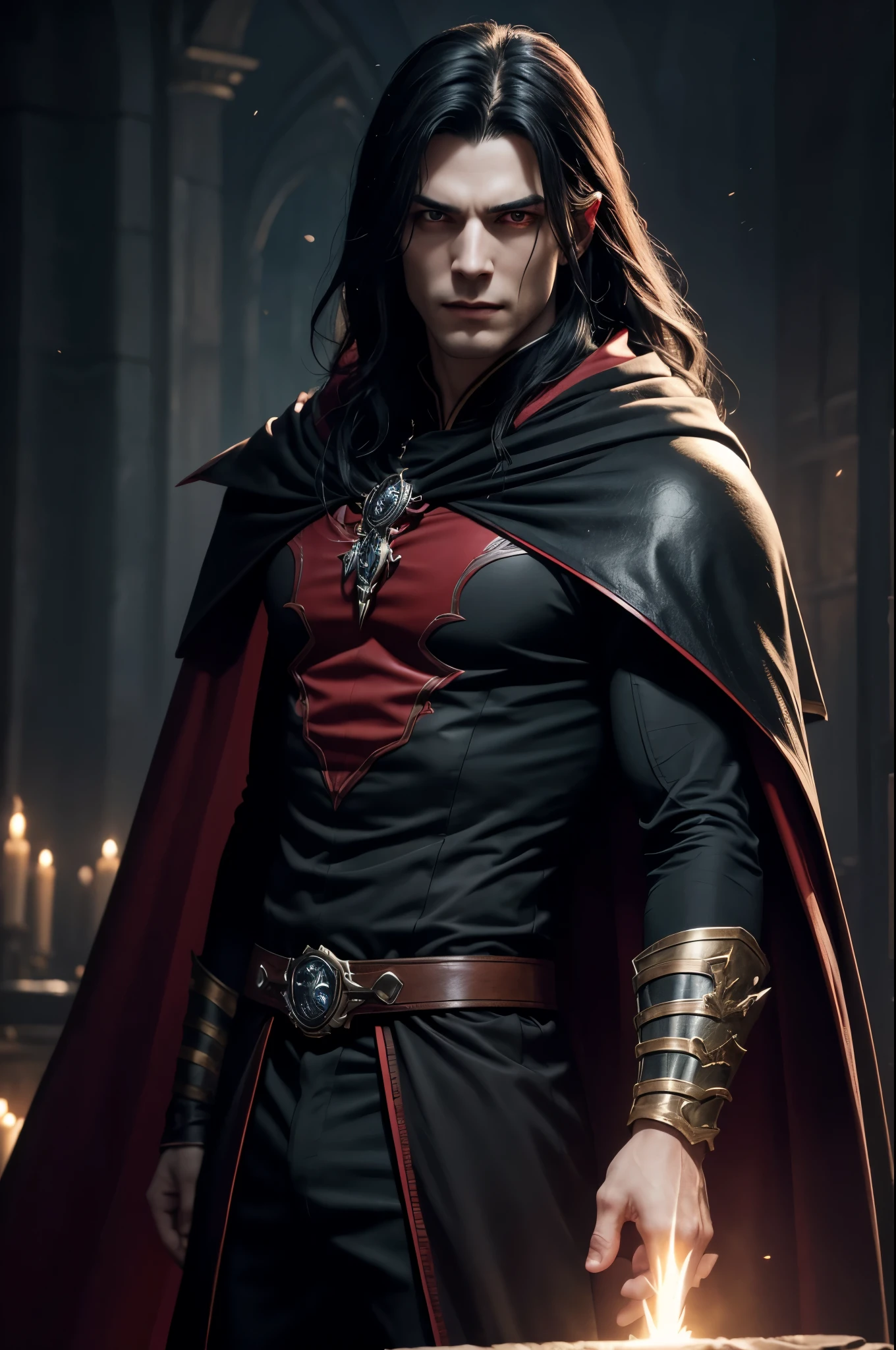 A close up of a man in a black and red outfit holding a sword - SeaArt AI