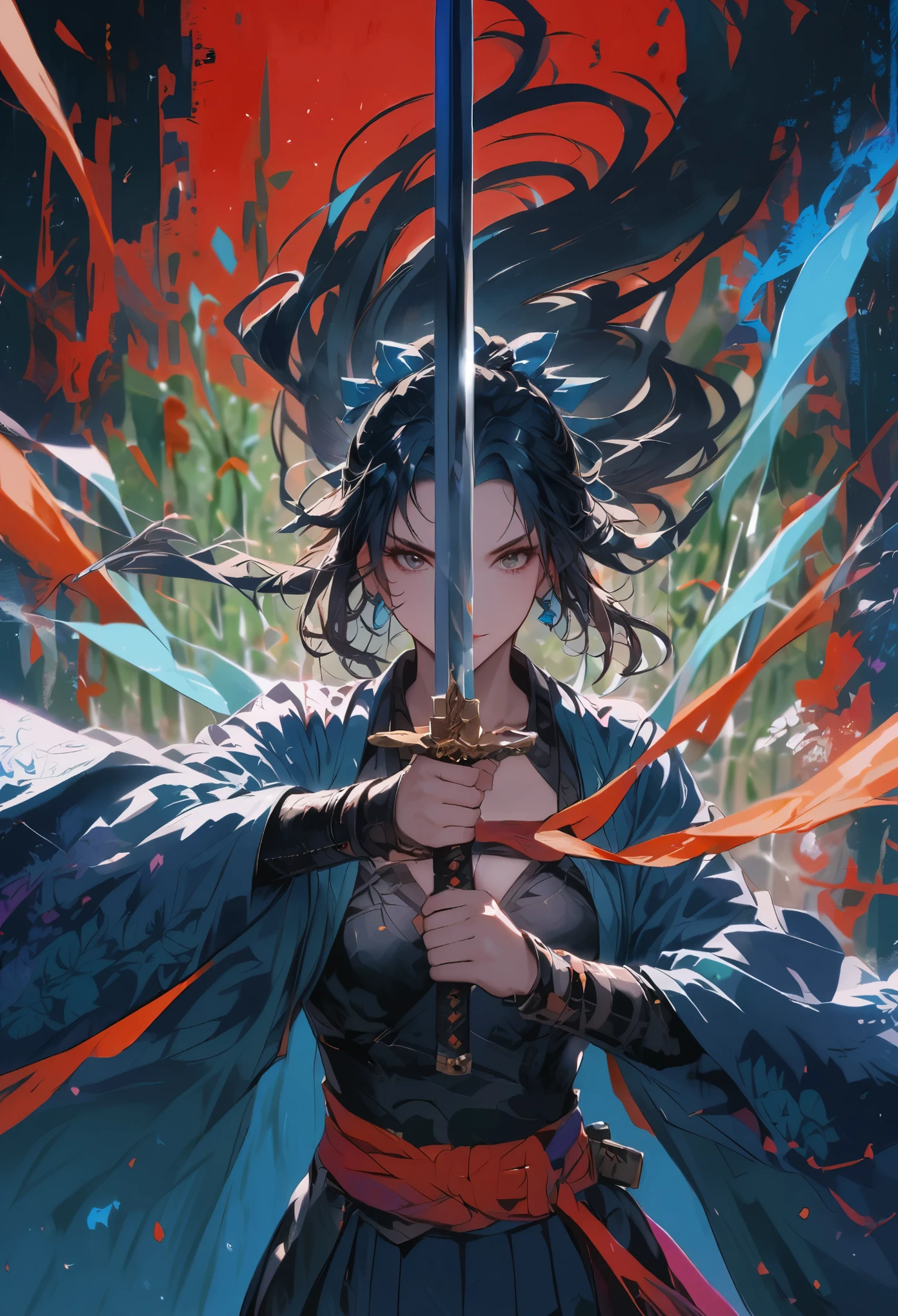 A woman in a blue robe holding a sword in front of a red background ...