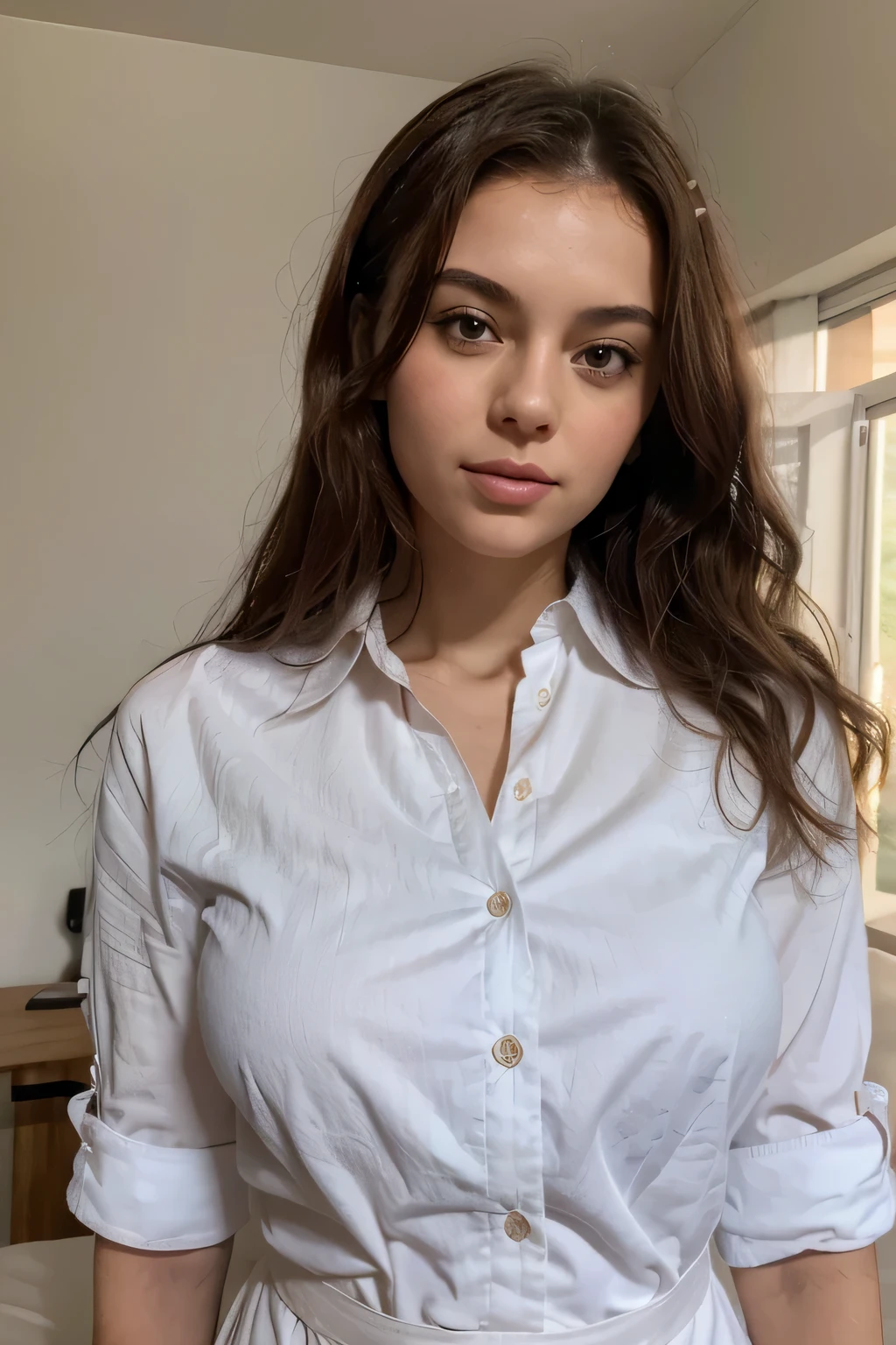 A close up of a woman in a white shirt and black pants - SeaArt AI