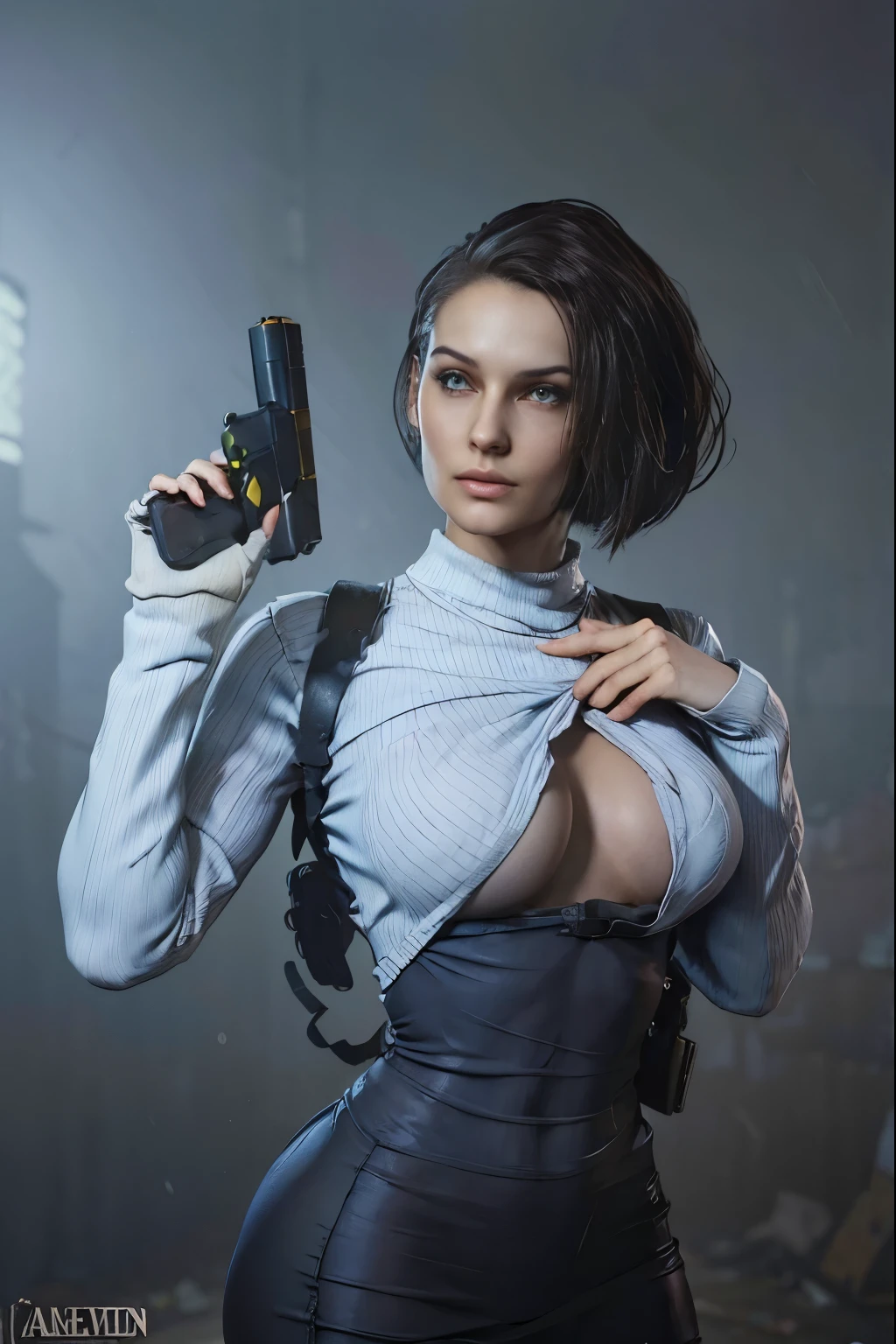 A woman in a leather outfit holding a gun and posing - SeaArt AI