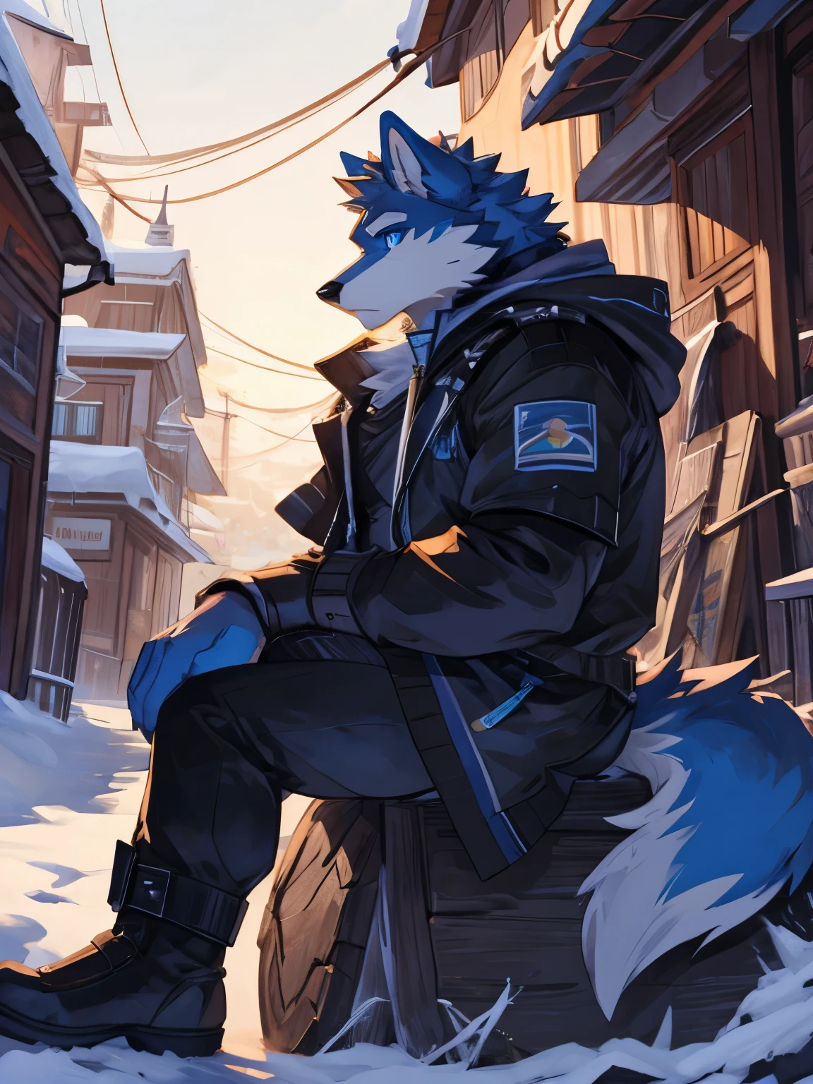 Anime boy sitting on a bench in the snow with a dog - SeaArt AI