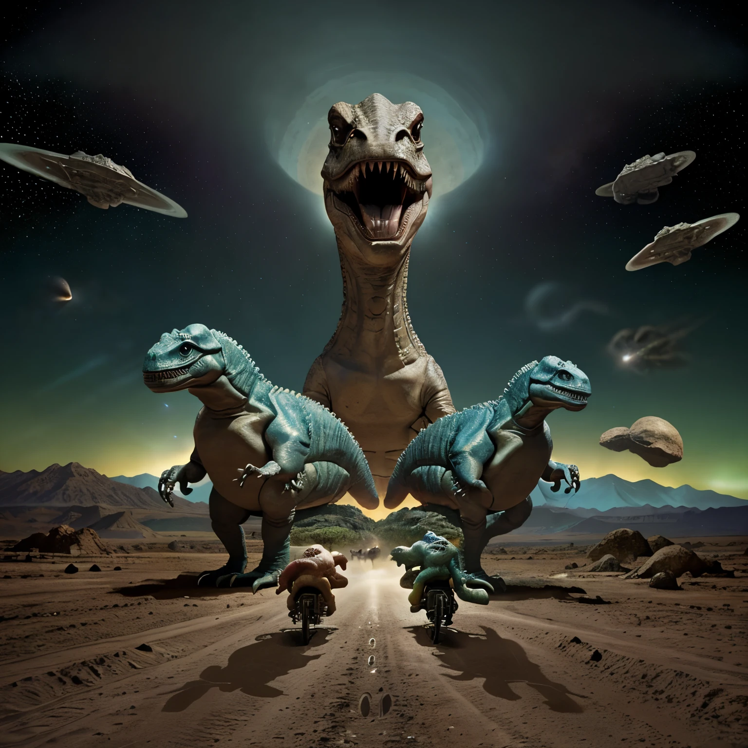 A group of dinosaurs are running through the desert with aliens - SeaArt AI