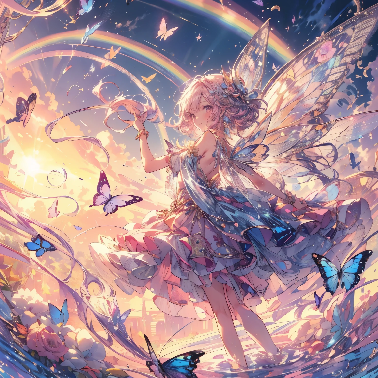 Anime fairy with butterfly wings and a rainbow in the sky - SeaArt AI