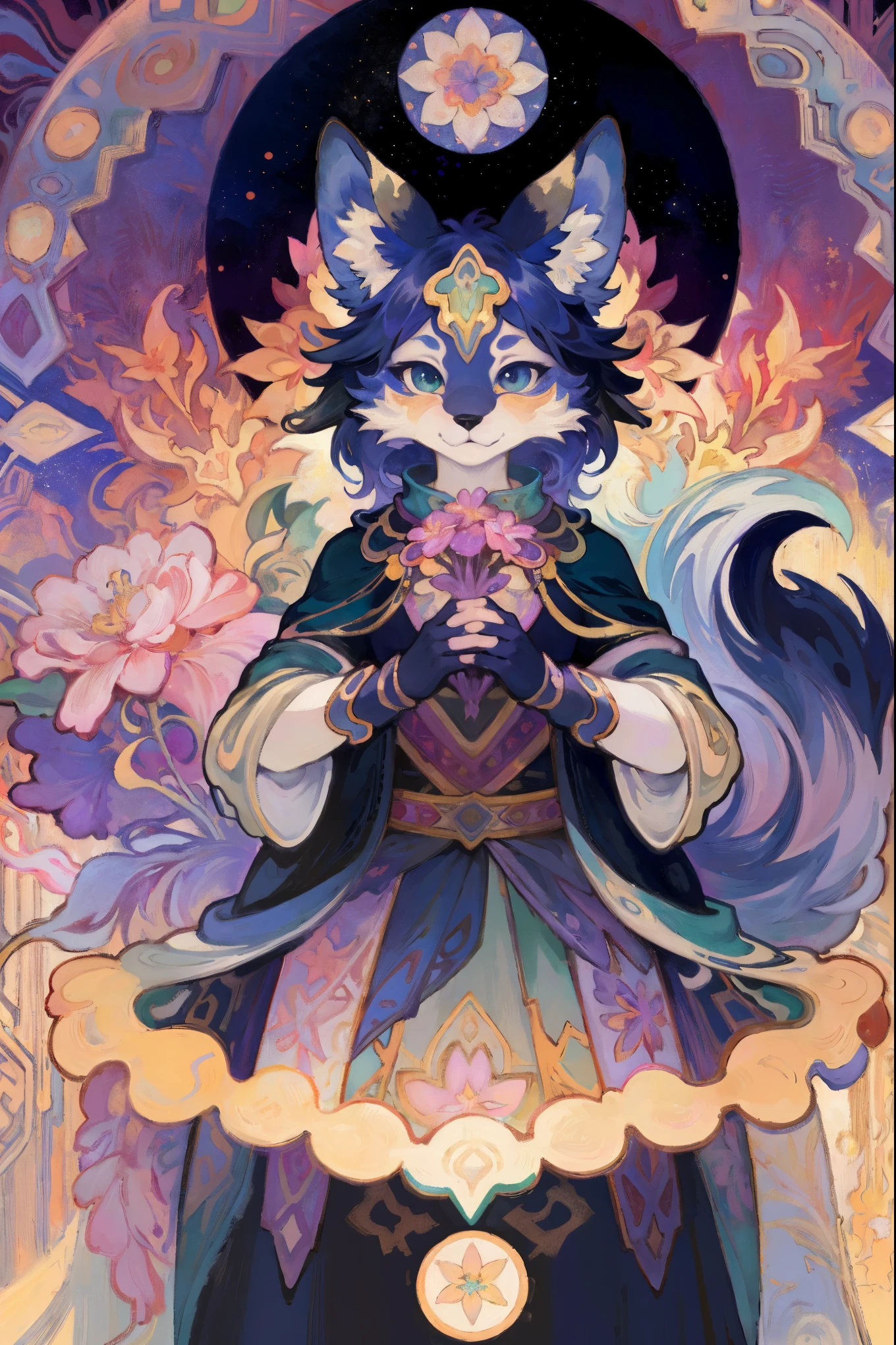 A painting of a cat with a crown and a flower in its mouth - SeaArt AI