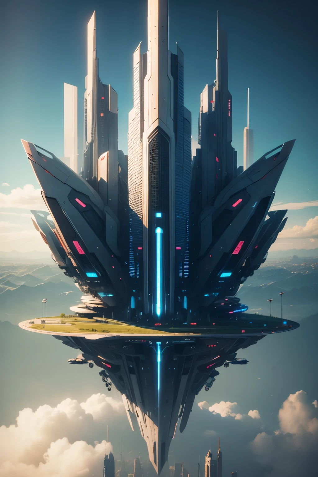 A futuristic city floating in the air with a futuristic tower - SeaArt AI