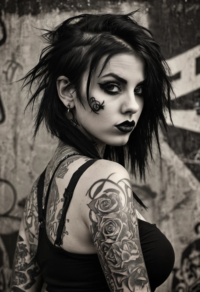 Portrait of a female rocker, expressive eyes, tattoos, attitude - SeaArt AI