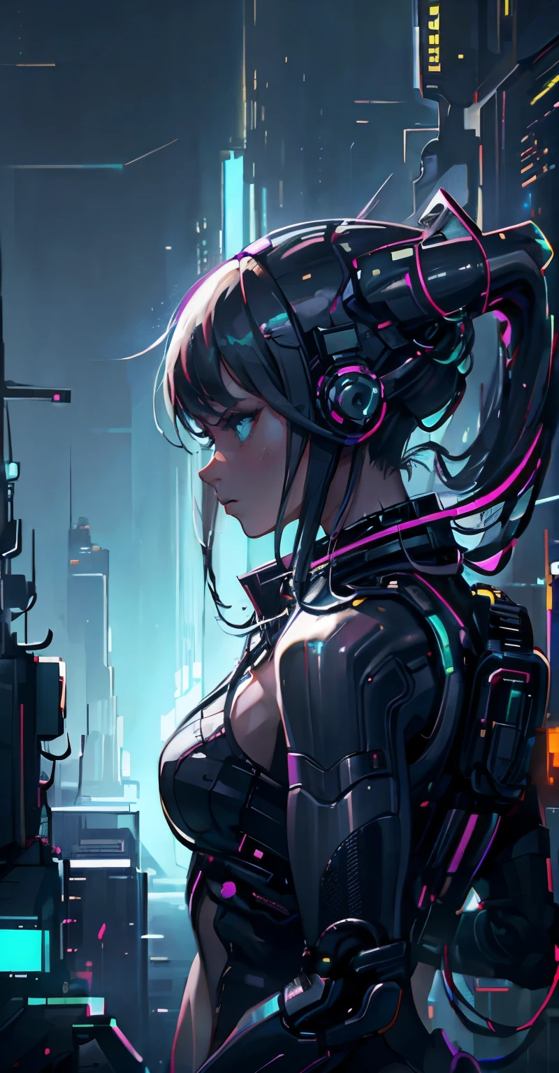 Cyber girl with a gun in her hand standing in front of a city - SeaArt AI