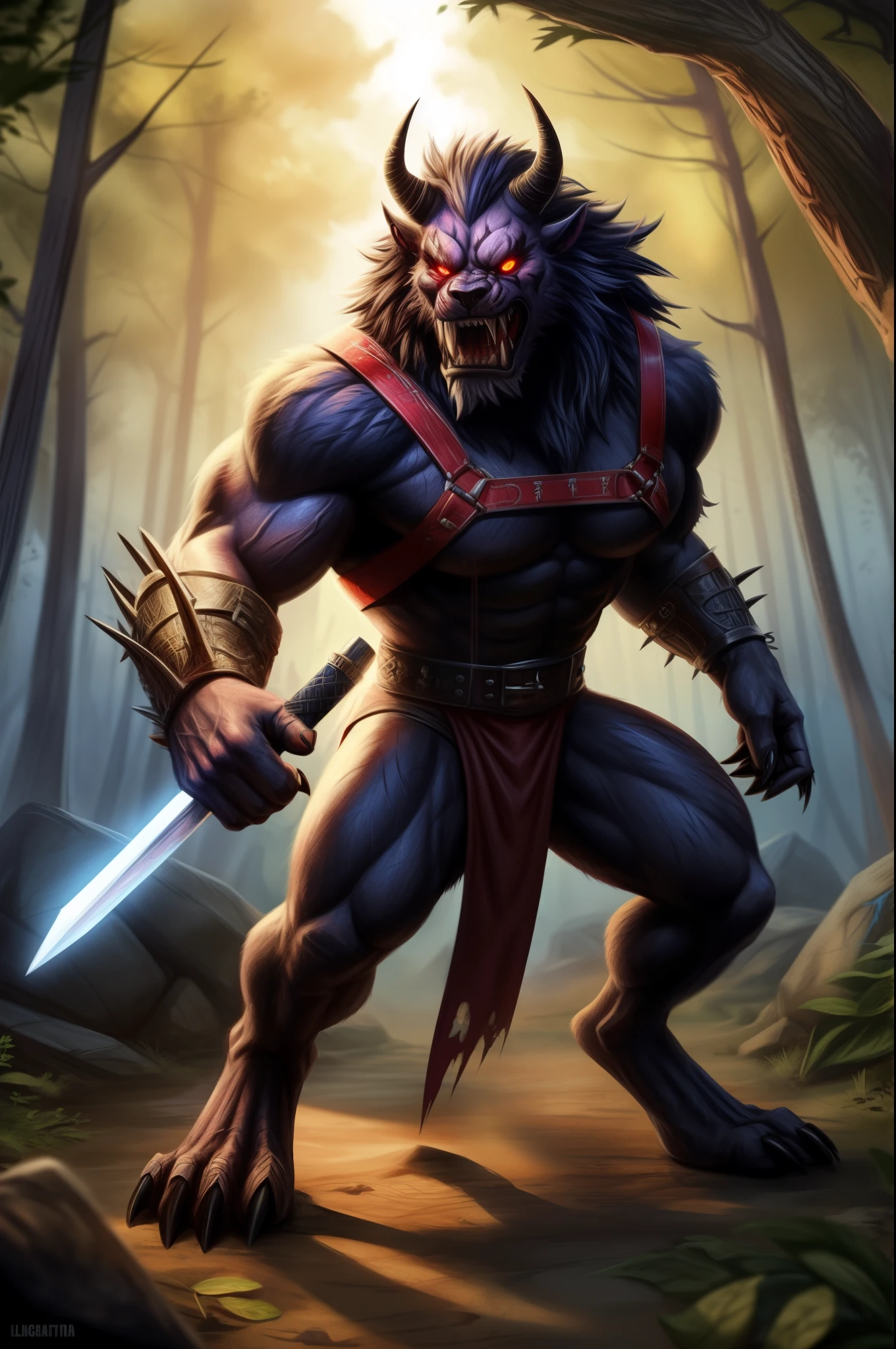 A painting of a werewolf with a sword in the woods - SeaArt AI