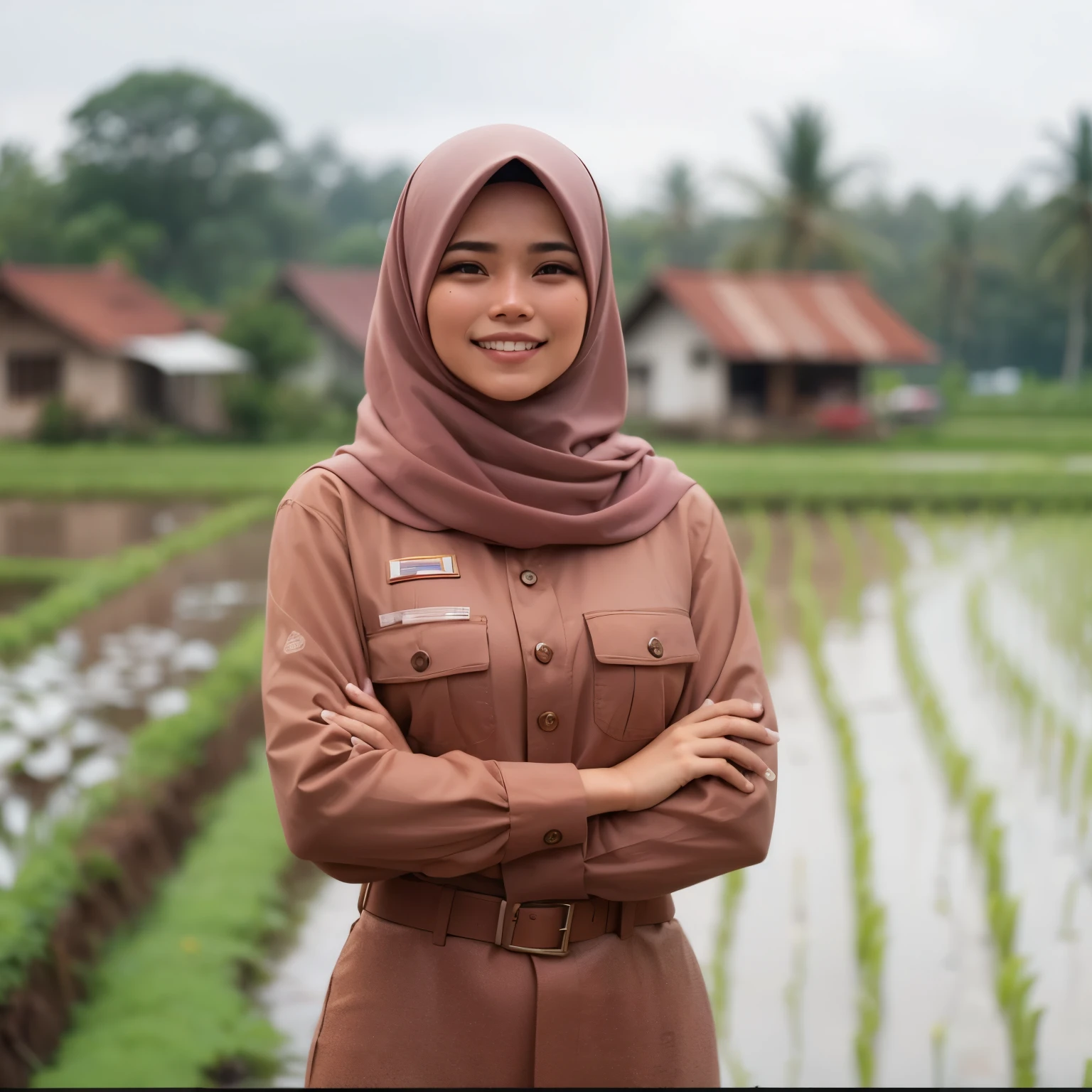 Arafed woman in a brown dress standing in a rice field - SeaArt AI