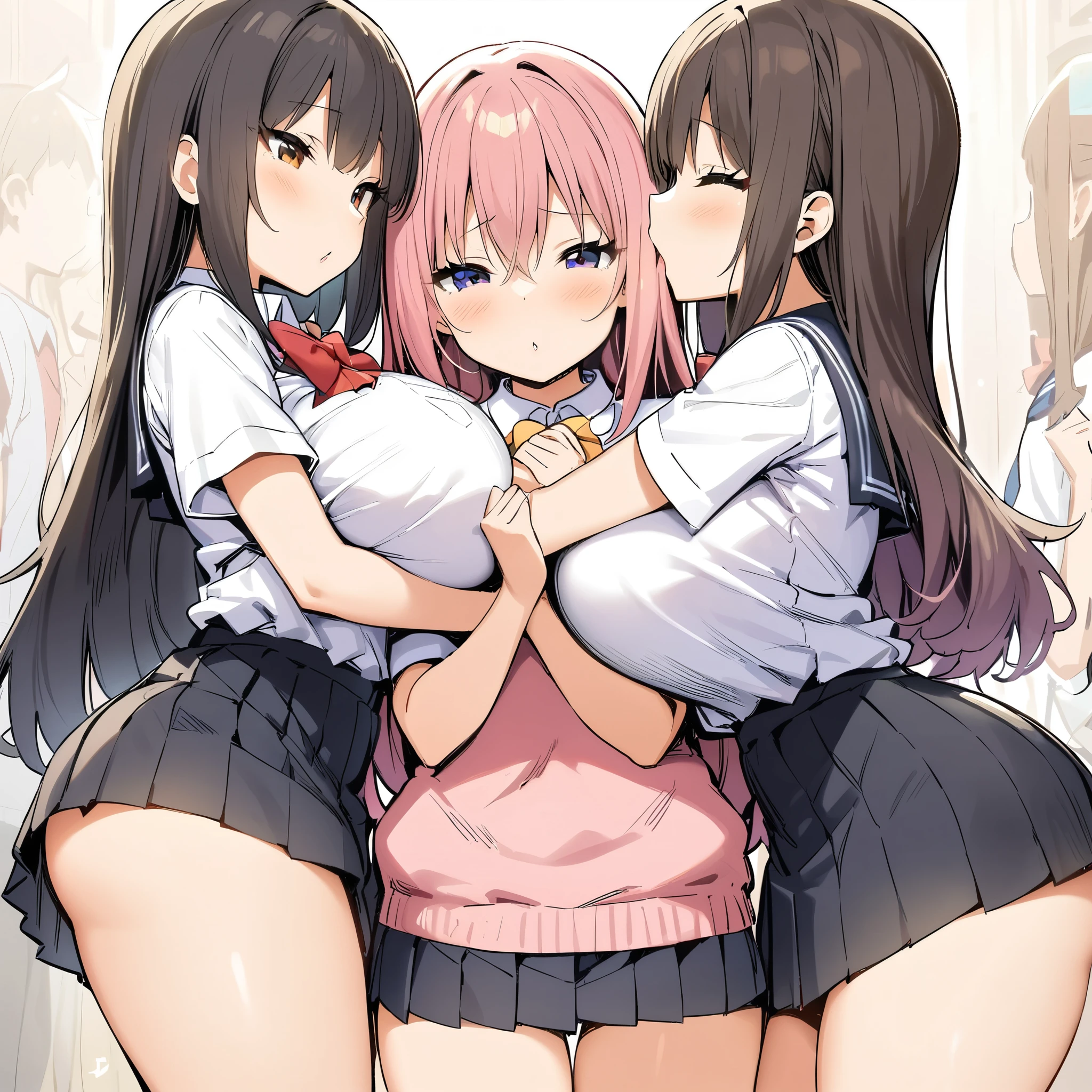 Three girls hugging each other in a group in a room - SeaArt AI